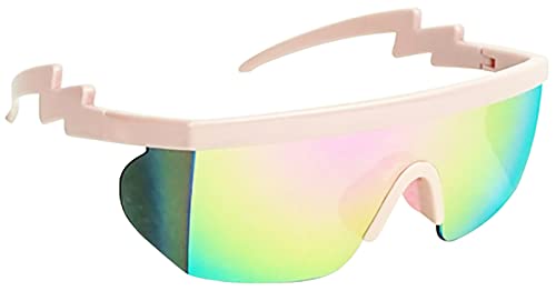 ShadyVEU Semi Rimless Neon Rainbow Sunglasses Mirrored Lens UV Protection 80s Retro Rave Shades Crooked ZigZag Bolt Arm (Light Pink Frame/Pink Lens)