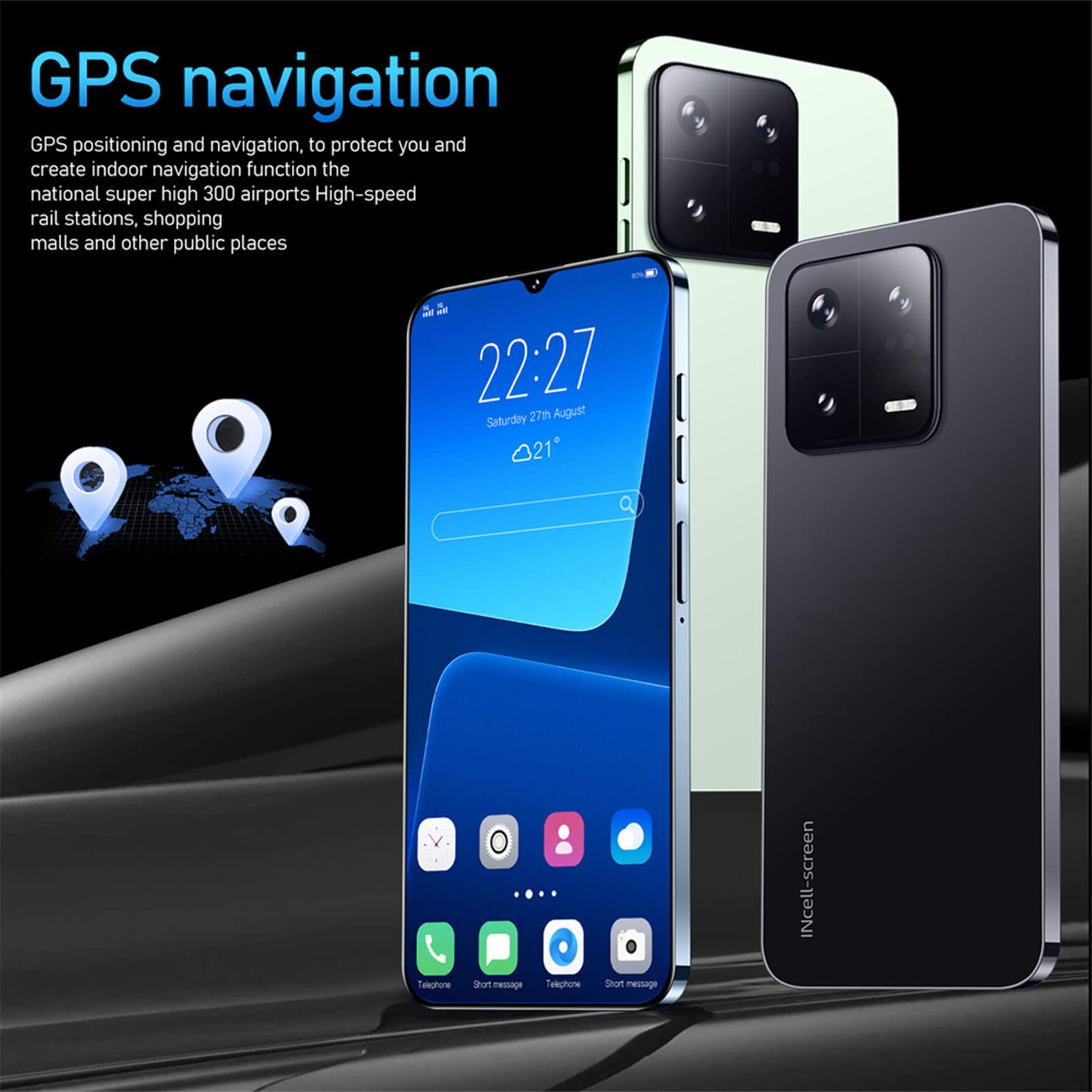 Vikye 6.3 Inch Ultra HD Screen 4GB RAM 64GB ROM 8MP and 24MP Camera Face Recognition 3G WiFi GPS Mobile Phone for Android 12 US Plug 100V to 240V (Green)