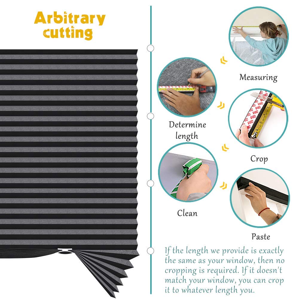 SEEYE Blackout Temporary Blinds Cordless Shades Fabric Pleated Fabric Shade Easy to Cut and Install, 48" W x 72" L - 1 Pack, Black, with 2 Clips