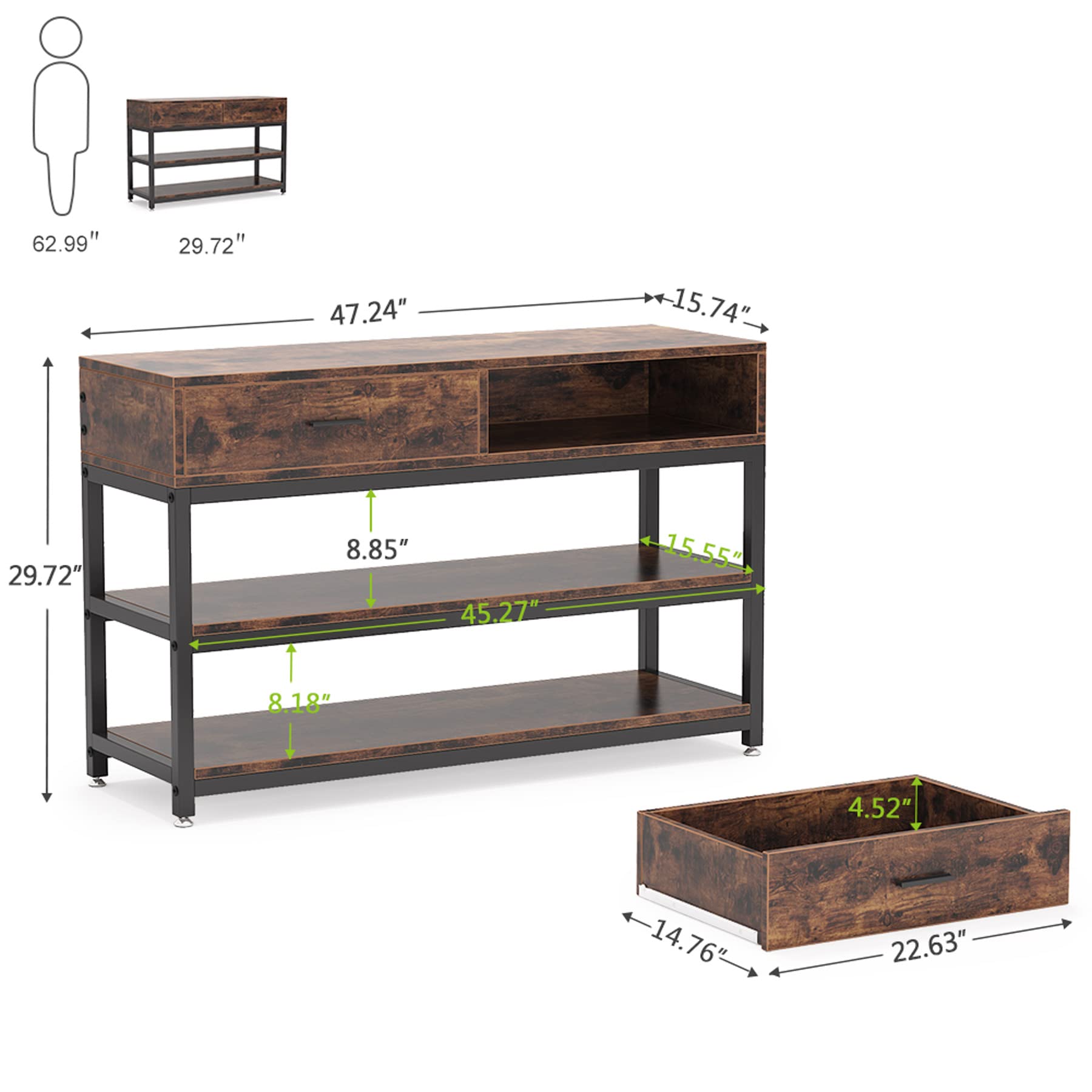 Tribesigns Rustic Console Sofa Table with Drawers, Industrial TV Stand 2 Shelf Hallway Entryway Table with Storage