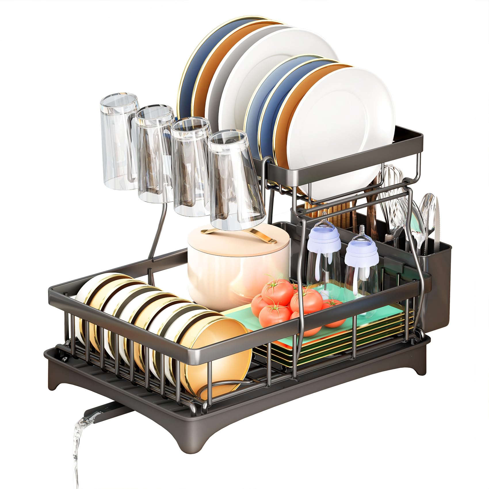 SNTD Dish Drying Rack for Kitchen Counter - Large Dish Rack with Drainboard, Rustproof Dish Drainer with Utensil Holder for Sink, Black