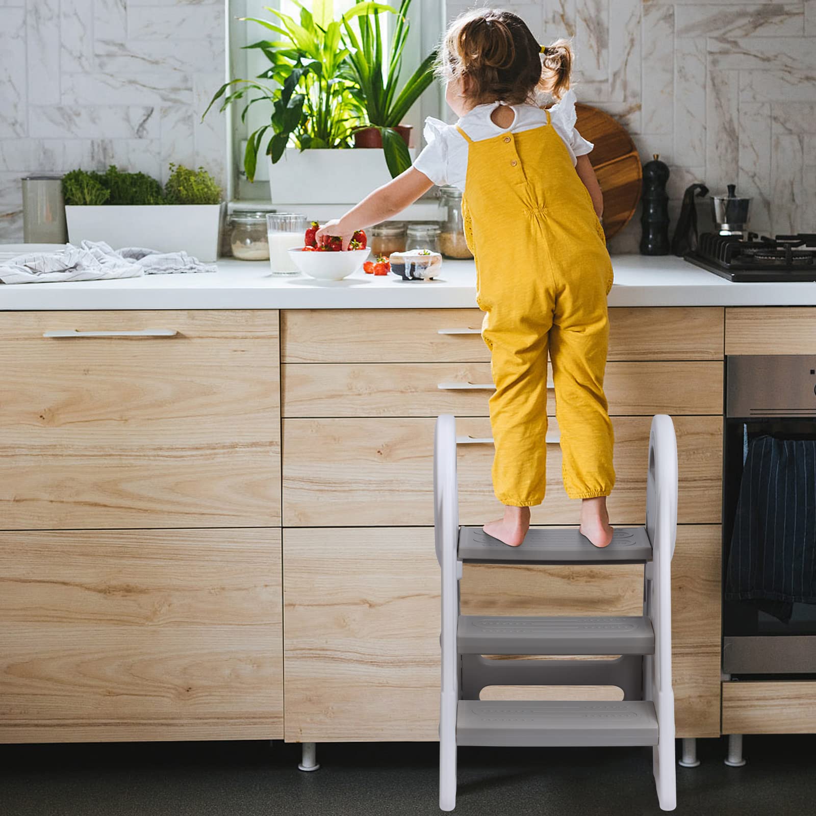 Step Ladder 3 Step Folding Toddler Step Stool for Kids Three Step Standing Tower for Kitchen Counter,Adjustable 3 Step Stools with Handles to 2 Step for Toilet Potty Training (Grey)