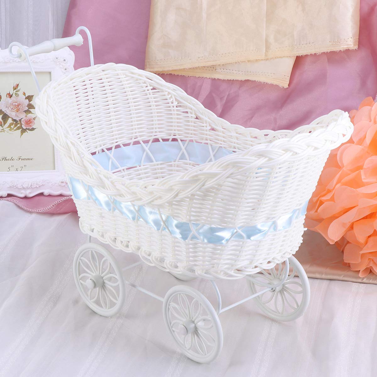 Tricycle Stroller Wicker Stroller Baby Shower Wedding Centerpiece Stroller Party Favors (Blue) Rattan Decor