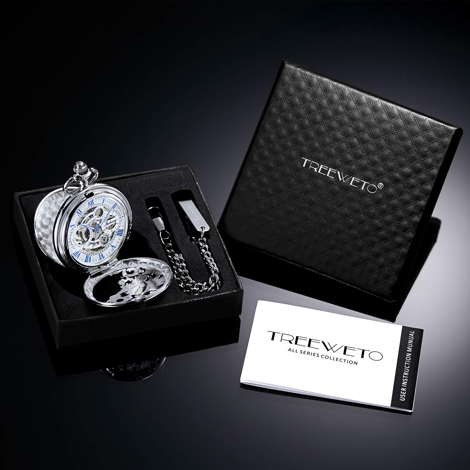 TREEWETO Mens Mechanical Pocket Watch Antique Dream Dragon Skeleton Silver Tone Double Open Case with China & Box Gift for Man Woman