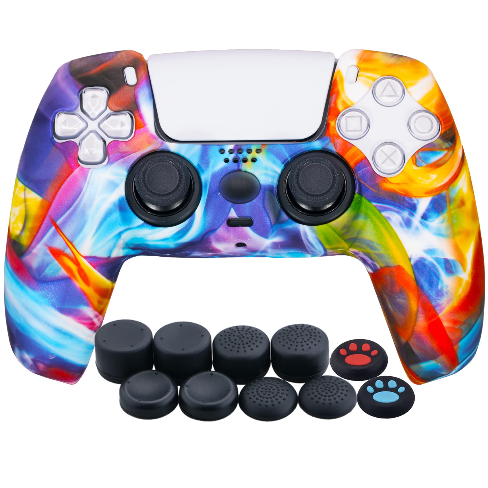 YoRHa Water Transfer Printing Silicone Thickened Cover Skin Case for PS5 Controller x 1(Comic Skulls) with Thumb Grips x 10