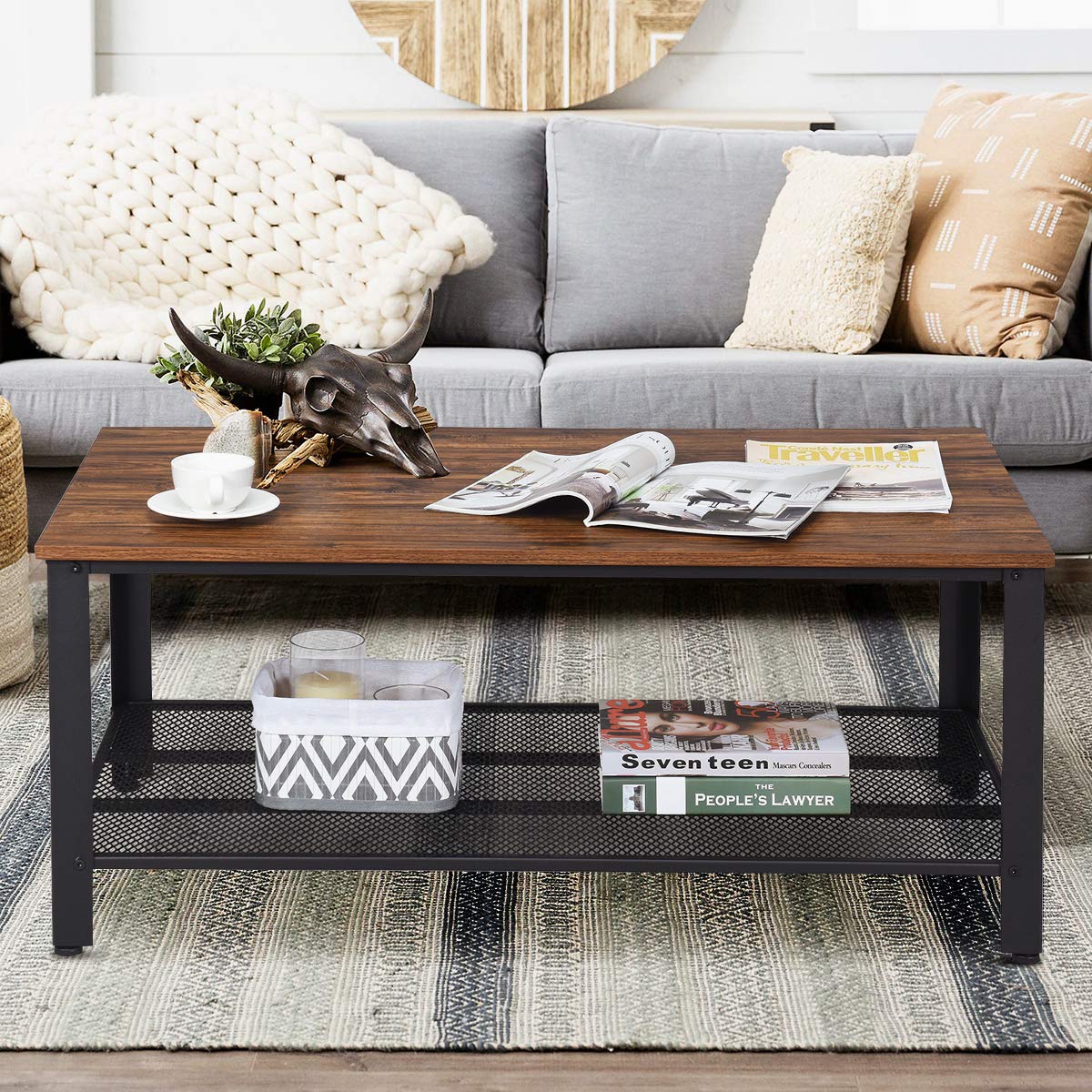 Toolsempire Rustic Coffee Table with Storage Shelf,42" Rectangle Sofa Tea Table for Living Room,Industrial Style Furniture with Strong Metal Frame for Home Office,Brown