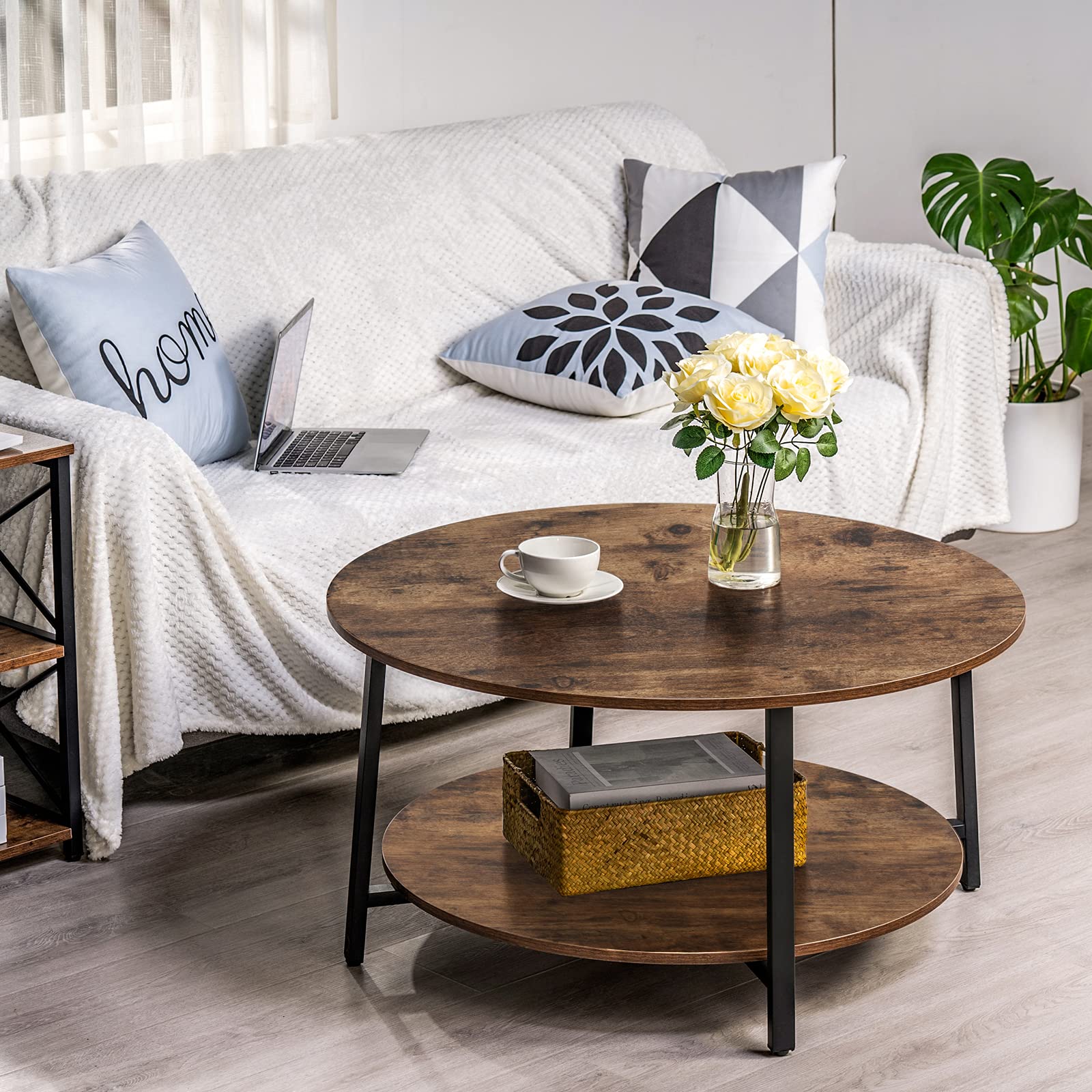 Snughome 35.4’’ Round Coffee Table, 2-Tier Industrial Design Furniture Sofa Table with Storage Open Shelf and Sturdy Metal Legs for Living Room, Wooden Surface Tabletop & Rounded Edges, Rustic Brown