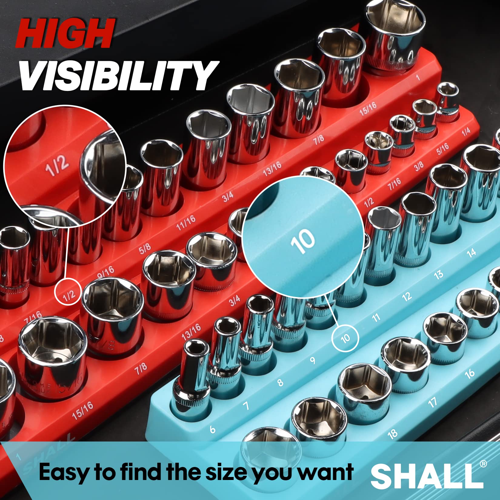 SHALL 3/8 Inch Magnetic Socket Organizer Set, 2-Piece SAE & Metric Socket Holders, Socket Tool Tray Storage Holds 56 Standard Sockets for Toolbox, Tool Carts, Drawers (Sockets Not Included)