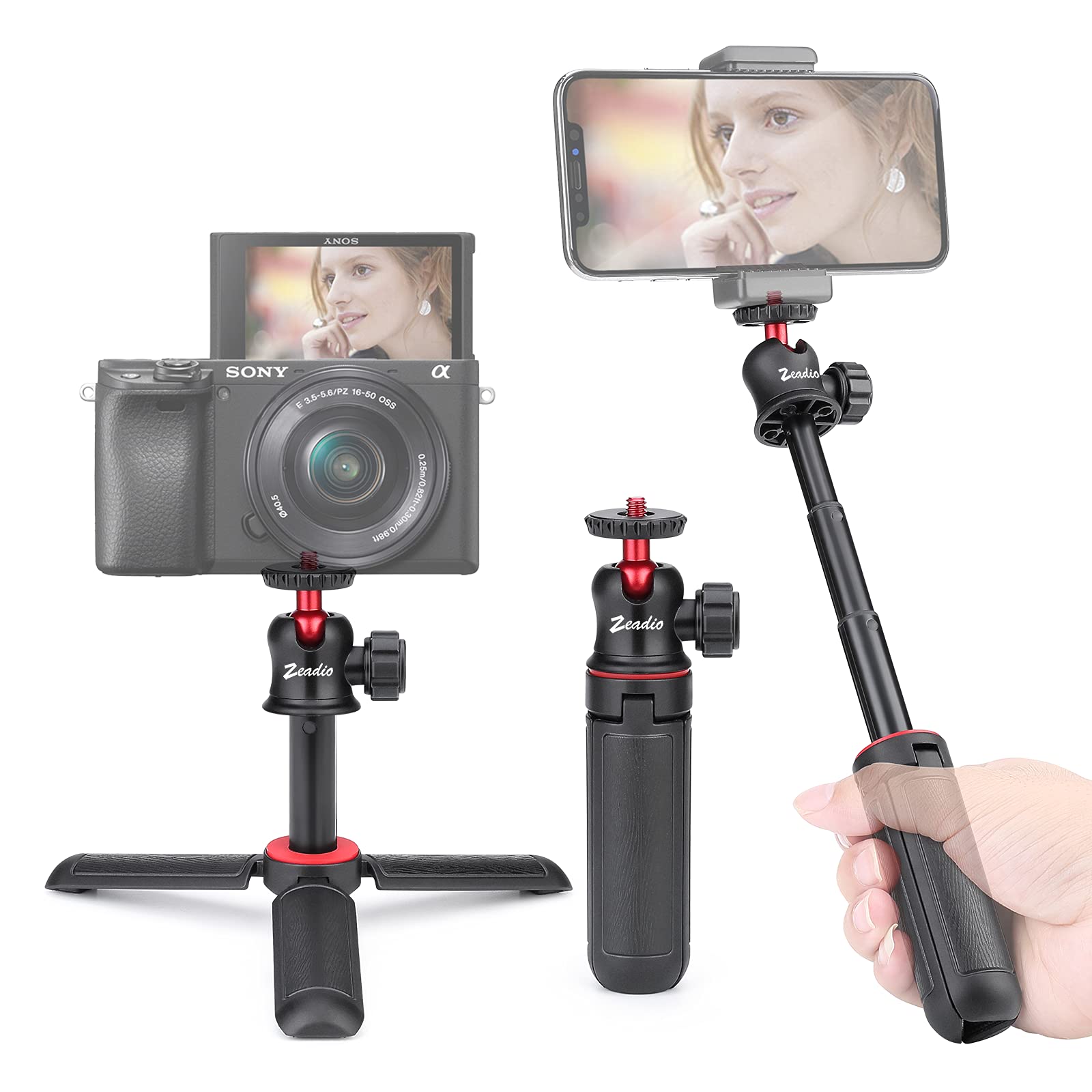 Zeadio Flexible Mini Tripod, 3 Section Adjustable Height Compact Tripod Integrated Metal Ball Head Mount for Action Camera Smartphones with 1/4" Thread Hole