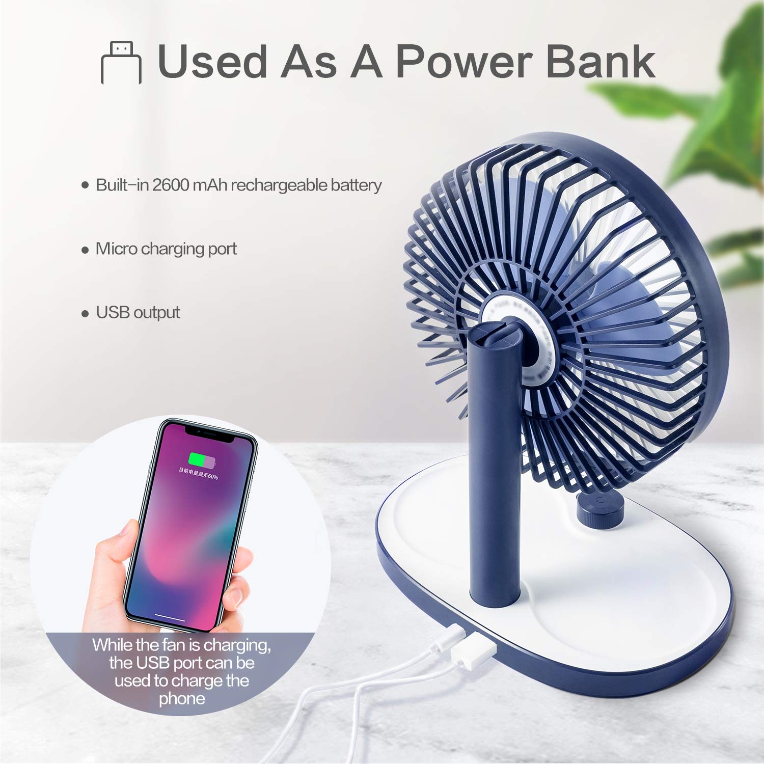 SmartDevil 6.5“ Small Desktop Fan, Personal Desk Fan With Storage Function, 2600mAh Battery Operated Table fan, Smart Timing Function, Stepless Speed Regulation, for Home, Office, Bedroom, Blue