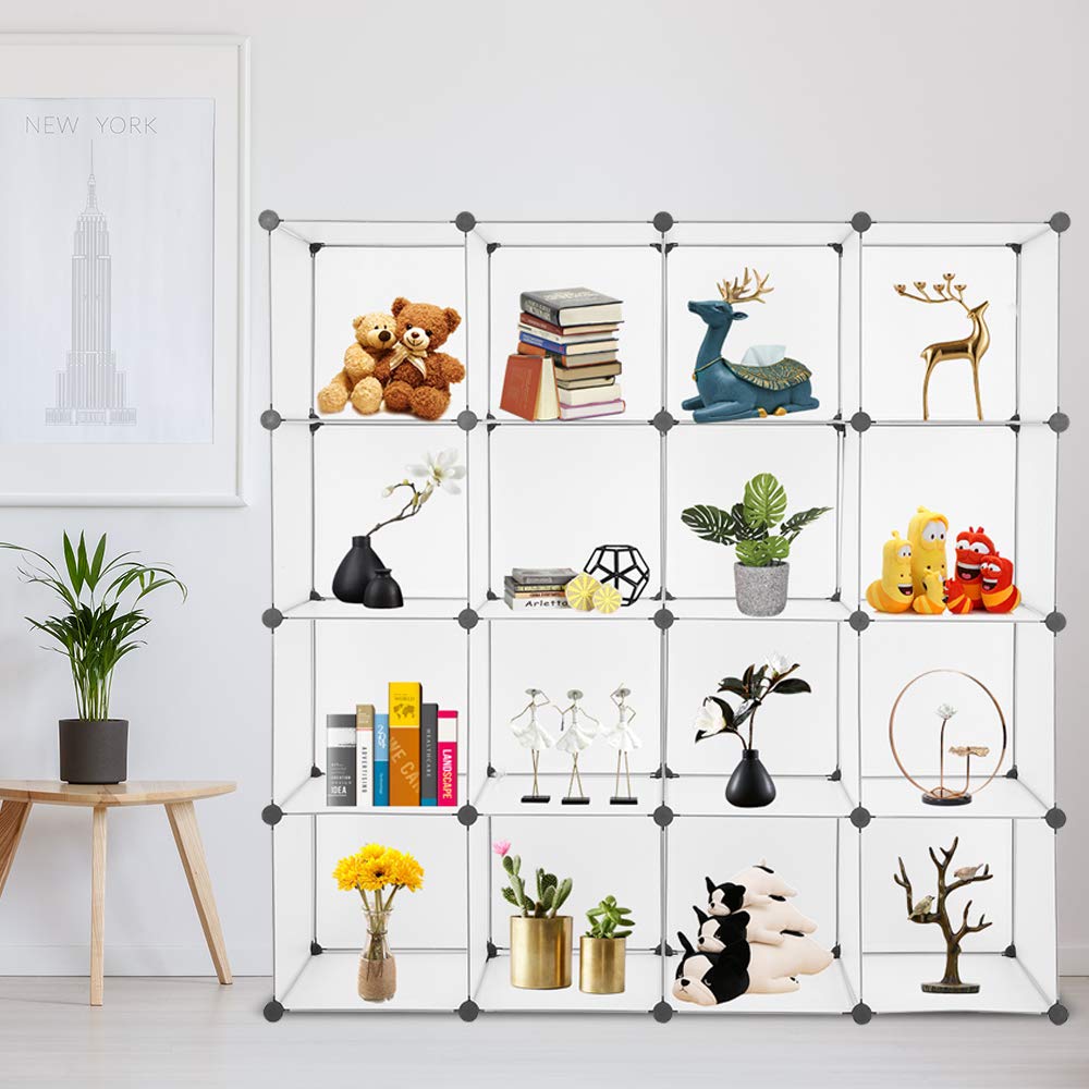 VINGLI 16 Cube Storage, Cubes Organizer Shelves Plastic Closet Cabinet, DIY Modular Book Shelf Storage Cube Organizer w/Hammer for Bedroom Living Room Office - Translucent White