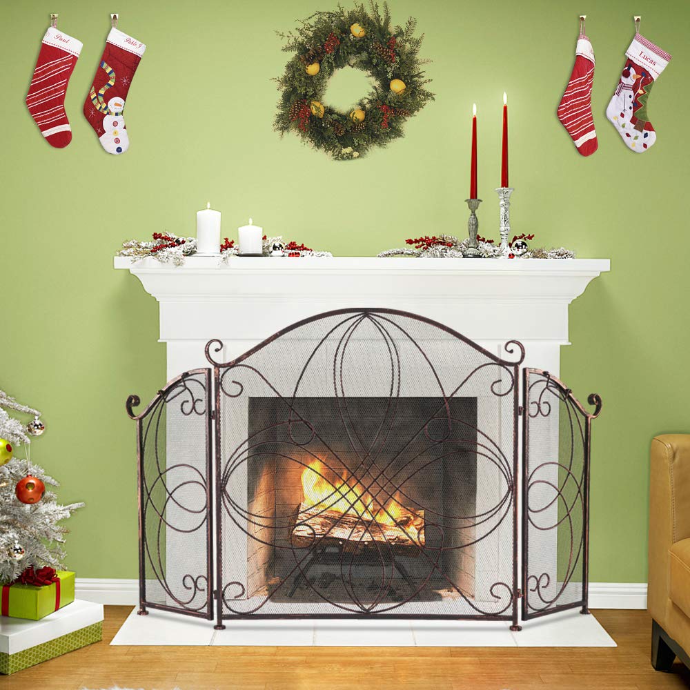 VINGLI 3-Panel Wrought Iron Fireplace Screen Flat, Rustic Decorative Scroll Spark Guard Cover, Baby Safe Proof Fire Place Fence (Reddish Brown