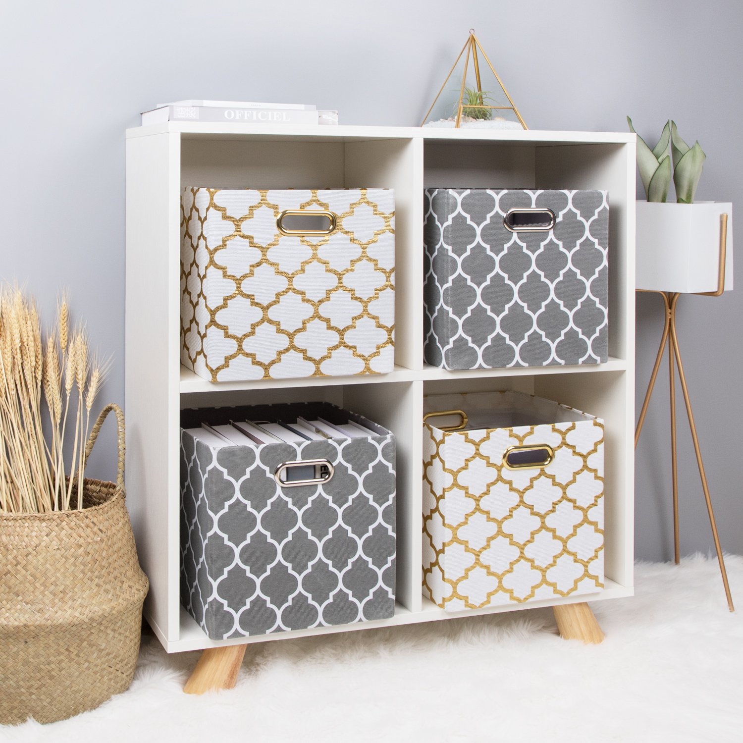 Storage Cubes,11×11 Collapsible Fabric Storage Bins Boxes Baskets - Set of 4, Grey Lantern Patterned