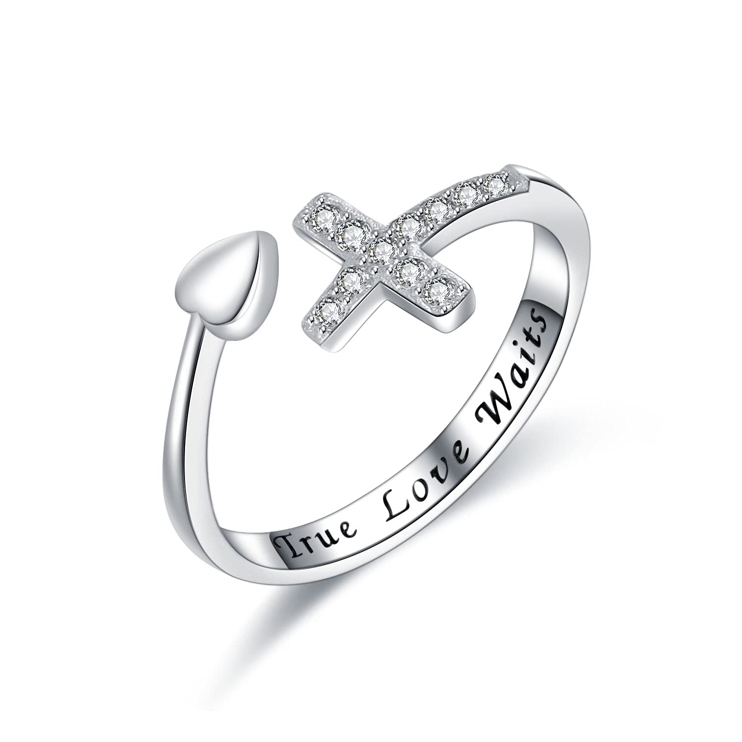 YMHOP True Love Waits Ring Sterling Silver Cross White CZ Heart Ring for Women Size 7