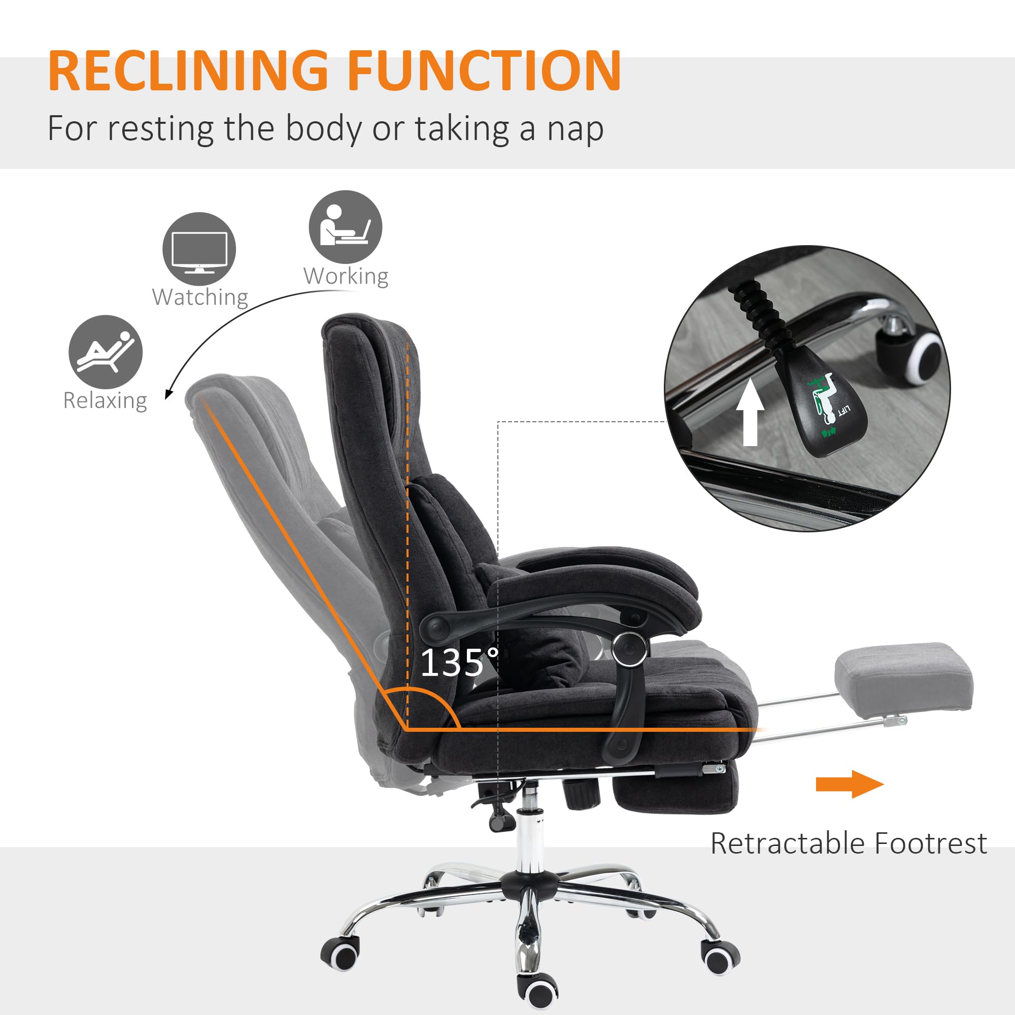 Vinsetto 3D Kneading Massage Office Chair with Reclining, Swivel Fabric Computer Chair with Footrest, Armrest, Black