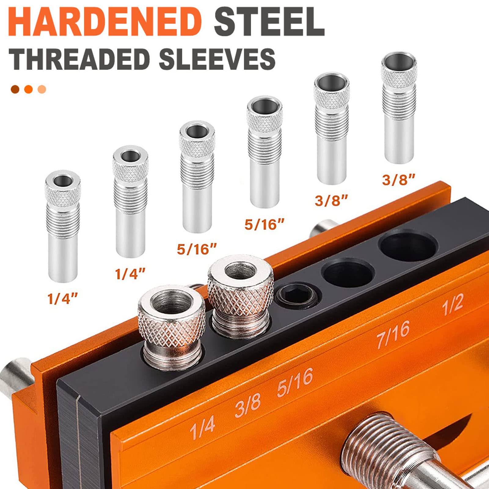 Self Centering Doweling Jig Dowel Drill Guide Bushings Set,Self Centering Dowel Jig Kit - Aluminum Alloy Anodized Orange - 4 Holes Drill positioner for Woodworking