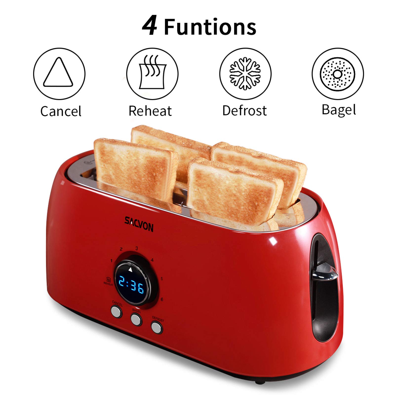 Toaster 4 Slice Long Slot, SACVON Stainless Steel Retro Toasters with Big Timer, Removable Crumbs Tray, Red (Red)