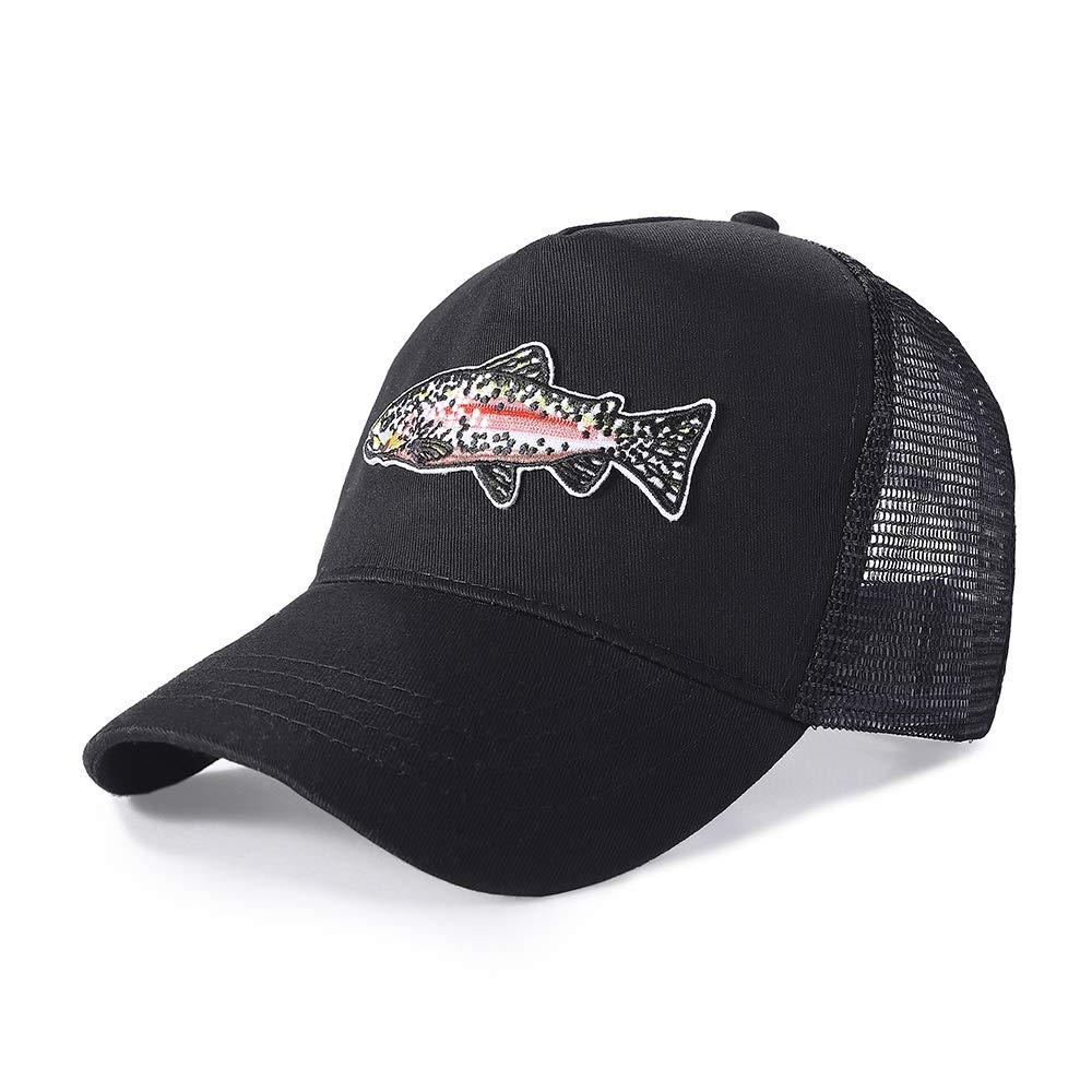 WOOG2005 for Women Men, Fishing Gift Structured Trucker Hat Meshback Cap for Men Women (Rainbow Trout - Black)