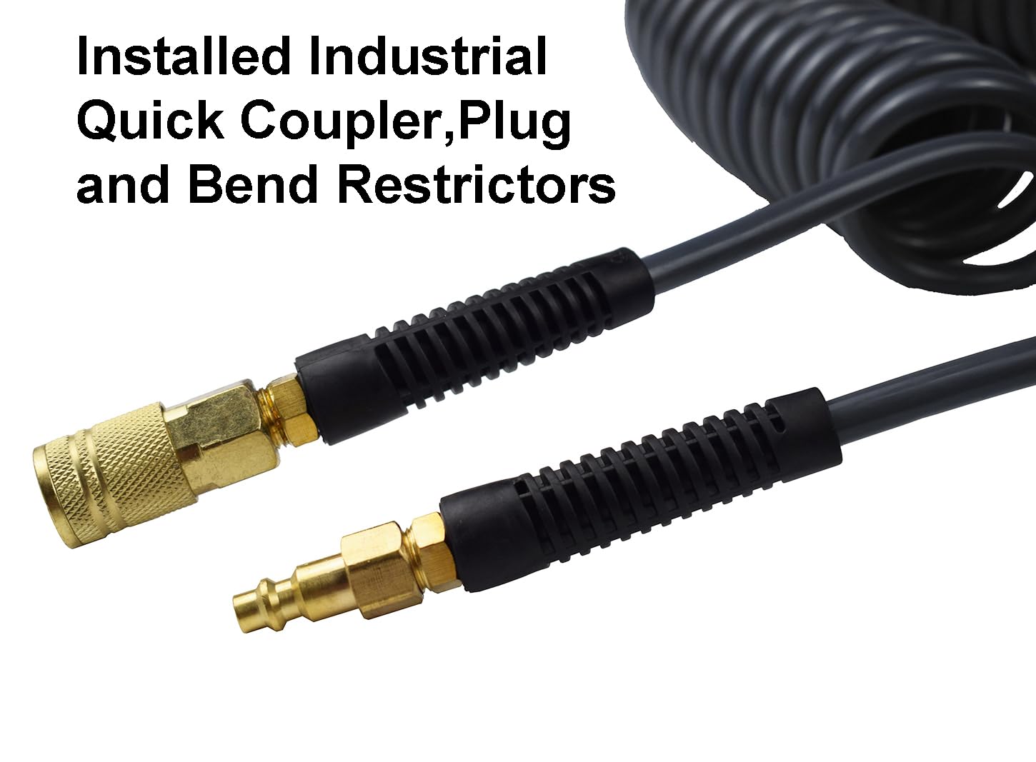 YOTOO Polyurethane Recoil Air Hose 3/8" Inner Diameter by 25' Long with Bend Restrictor, Repairable 1/4" Industrial Quick Coupler and Plug, Gray