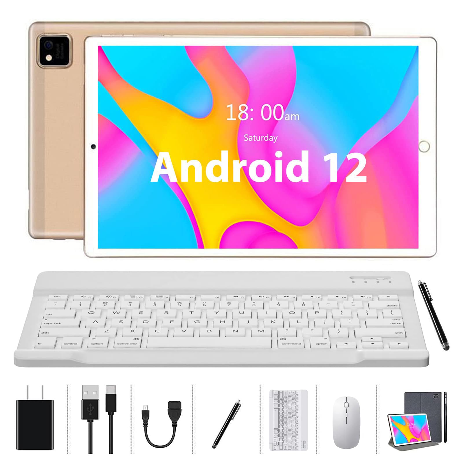 YOTOPT Tablet 10.1 Inch 2 in 1 Android 12 Tablet with Keyboard Case Bundle, Octa-Core Processor, 4GB+64GB ROM 1TB Expand, 8000mAh, WiFi, Bluetooth, GPS, Parent Control Tablets
