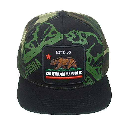 Top Level California Republic Bear High Definition Embroidery Flat Brim Snapback Hat/Cap 060420A - Black/Camo