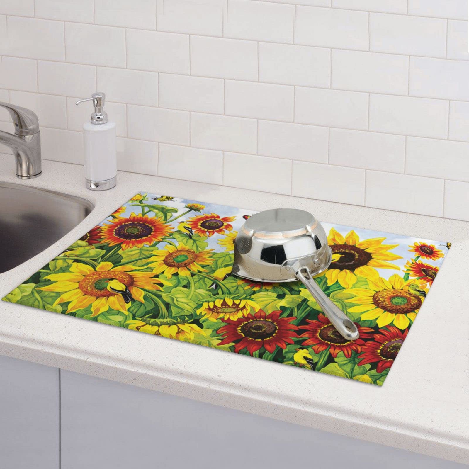 Yellow Sunflower Dish Drying Mat for Kitchen Counter 18 x 24 Large Butterfly Microfiber Absorbent Drying Pad Washable Kitchen Accessories