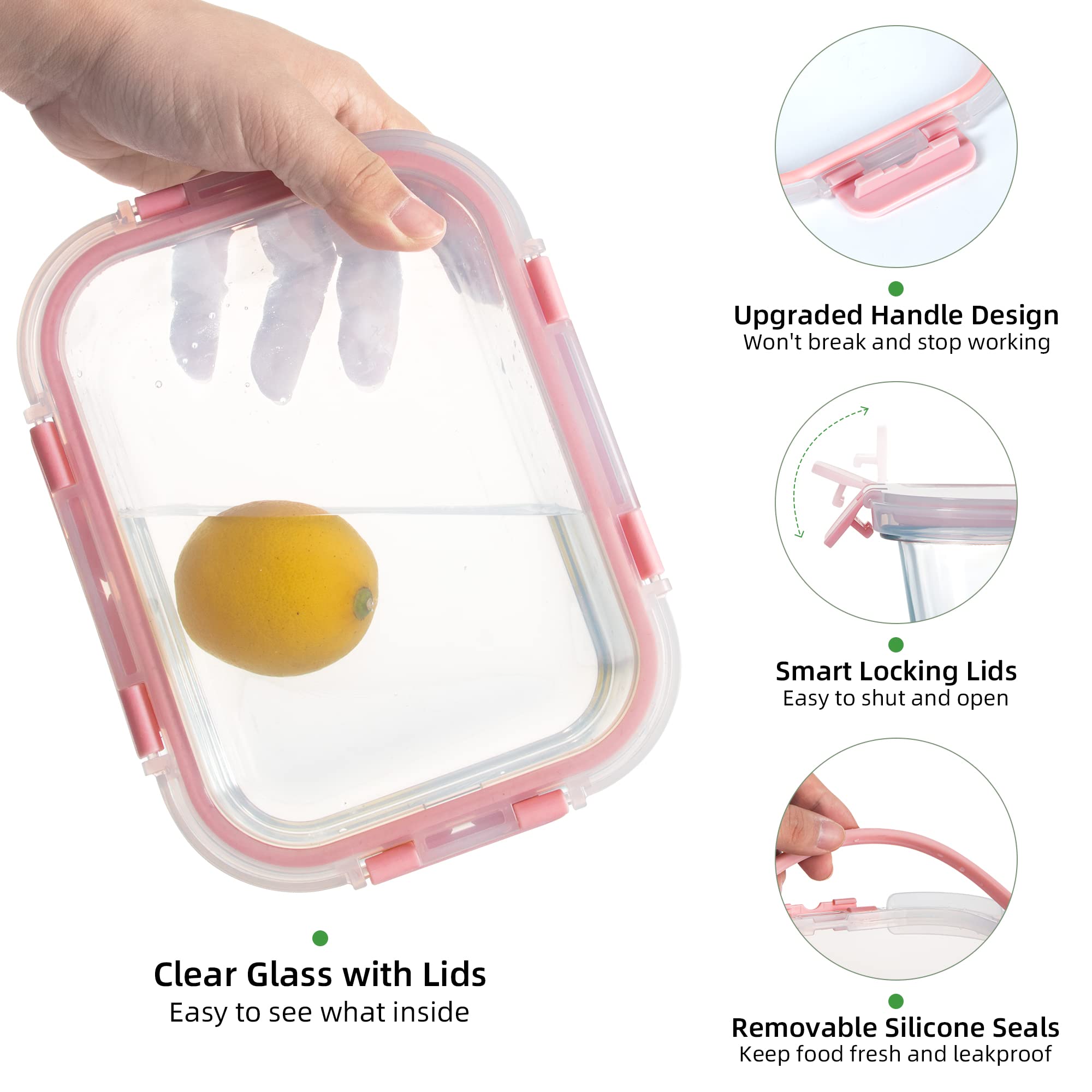 UMEIED 10 PACK Glass Food Storage Containers with Lids, Glass Airtight Meal Prep Container Set for Lunch, On the Go, Leftover, Kitchen Pantry Organizers and Storage, BPA Free & Leak Proof (Pink)