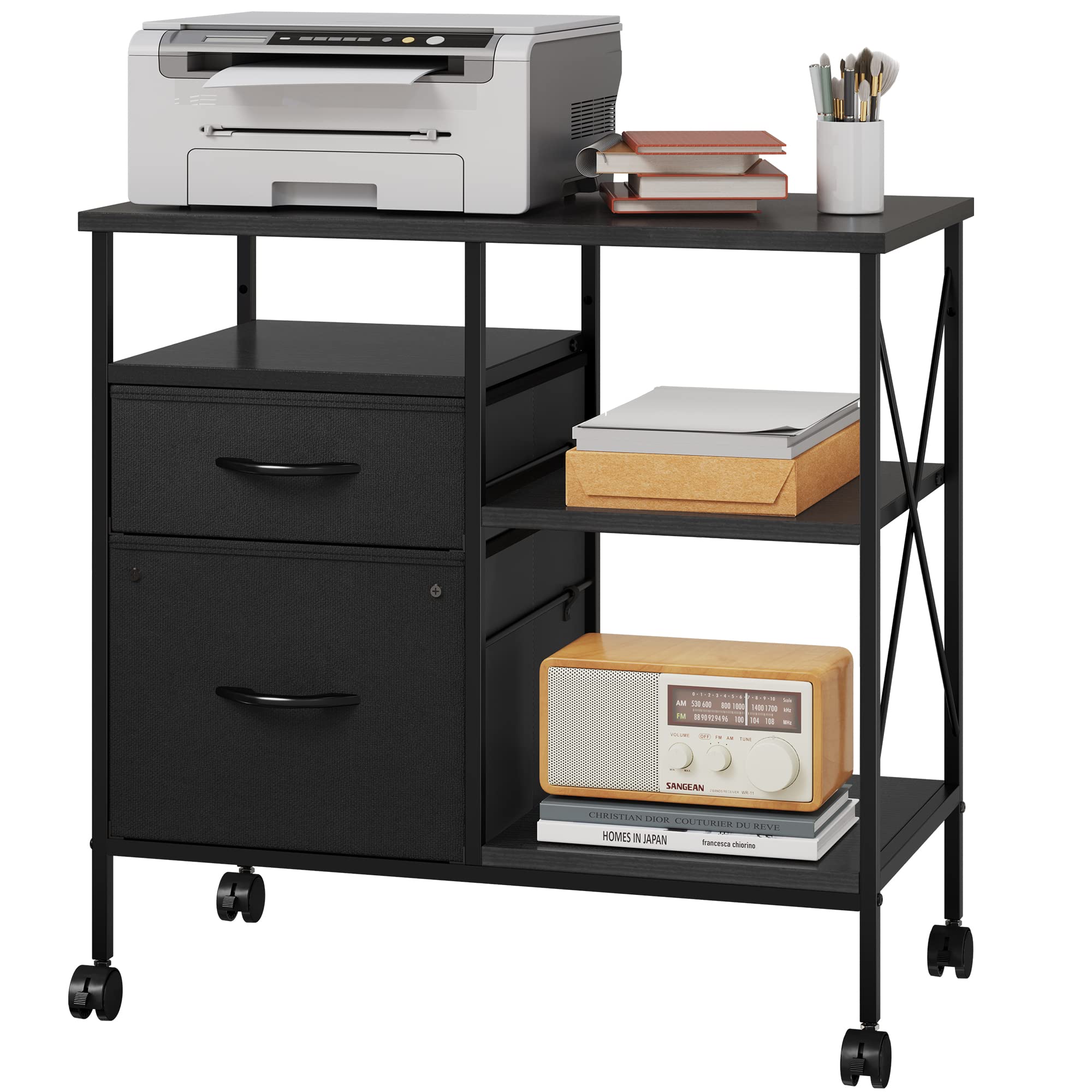YITAHOME 2 Drawer Mobile File Cabinet, Rolling Printer Stand with Open Storage Shelf, Lateral Fabric Filing Cabinet for Home Office, Fits A4/Letter Size (Black)