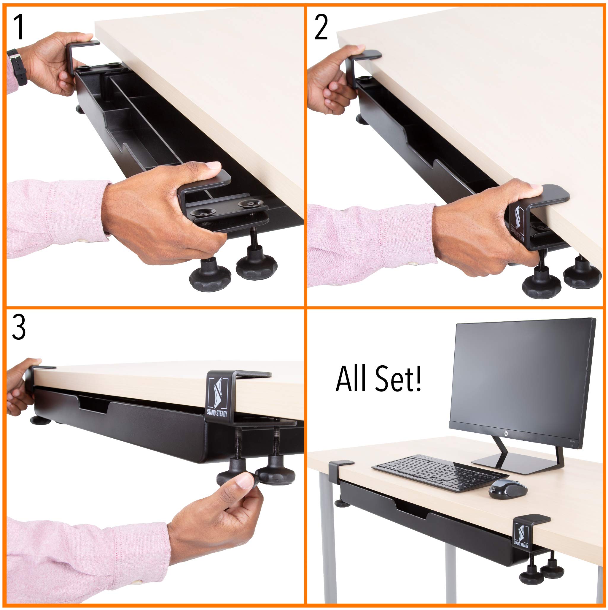 Stand Steady Clamp-On Desk Drawer | Under Desk Storage with Damage-Free Easy Installation - No Drilling Required | Six Compartment Organizer for Pens, Pencils, Clips & More! (31.5 L x 12 D x 5.5 H)