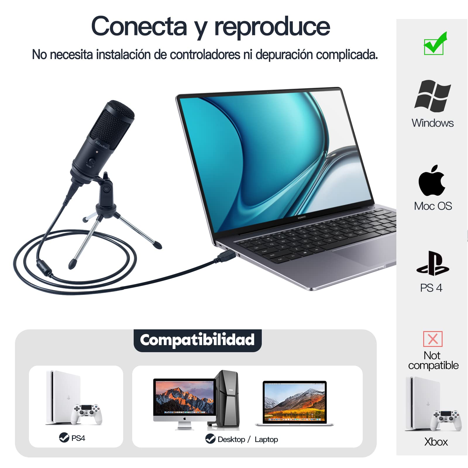ZiZuuBar USB Microphone Gaming Mic for PC, Computer Microphone Plug and Play with Tripod for Recording Gaming Podcast,Video Meeting,Voice Overs and Streaming,Compatible with Windows/MAC/PS4