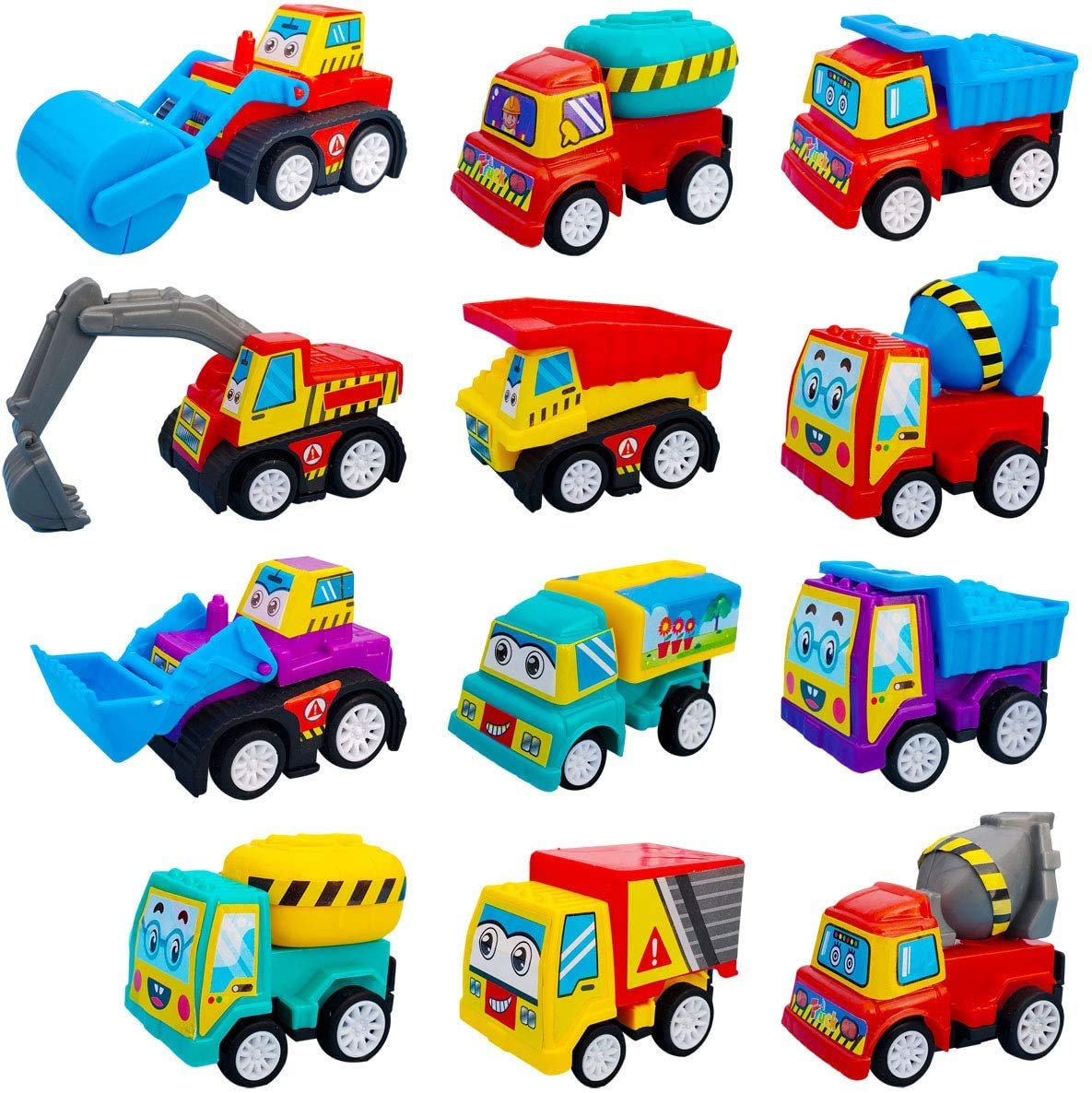 Tockrop 2" Pull Back Vehicles 12 Pack Assorted Mini Construction Truck Set - Perfect Easter Egg and Pinata Filler - Gift for Toddlers Boys Girls Kids Pull Back & Go Car Toy Play Set
