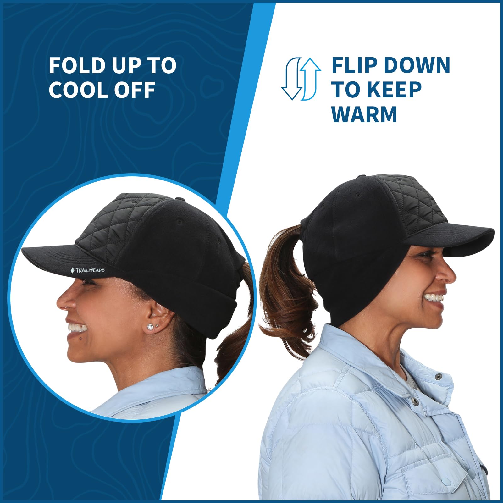 TrailHeads Women's Winter Ponytail Hat | Trucker Hat with Drop Down Ear Warmers | Quilted Hat - Black