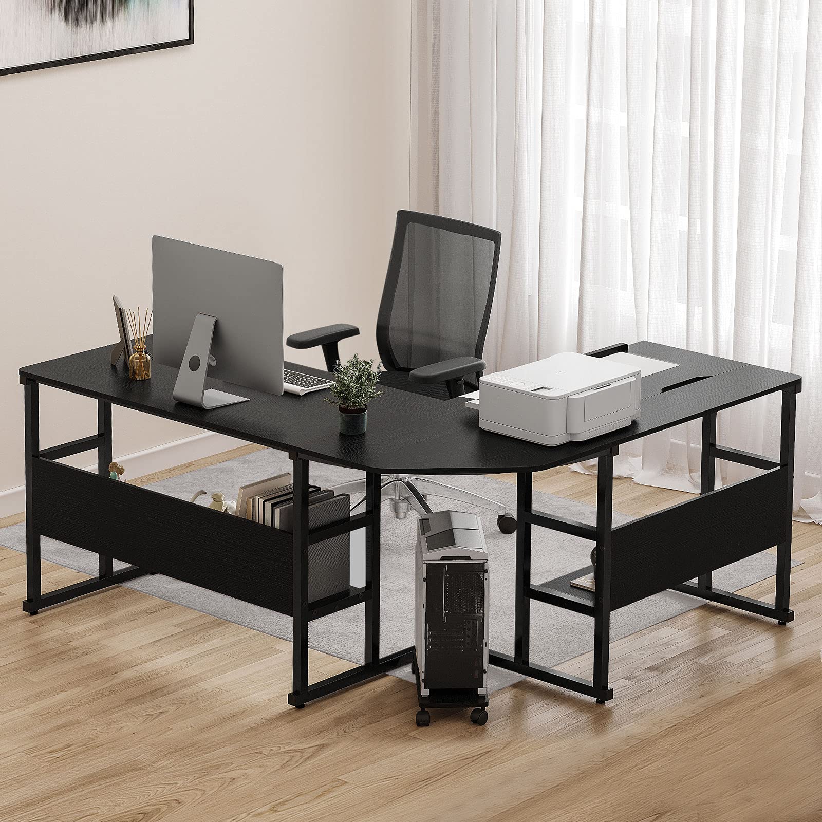 YITAHOME Tiltable L-Shaped Computer Desk with Storage Bookshelf, 67 inch Double Workstation Modern Corner Studying Desk Drafting Drawing Gaming Table for Office Home, Black, FTOFOD-0007