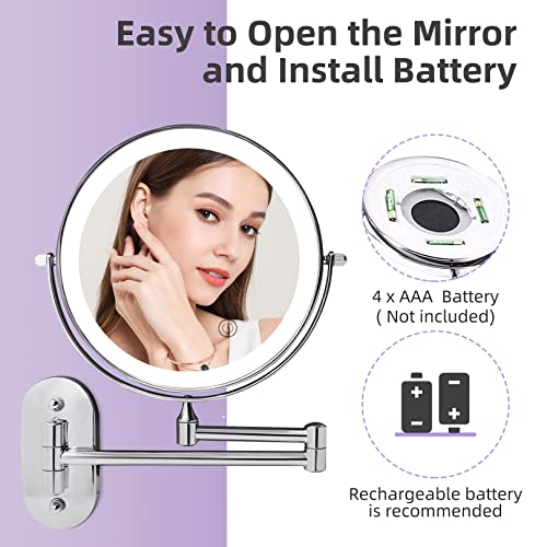 Wall Mounted Lighted Makeup Mirror, 1X 10X Magnifying Mirror with Light 3 Color Dimmable, 8'' Double Sided LED Light up Bathroom Vanity Mirror with Magnification, 360° Extendable Arm Shaving Mirror