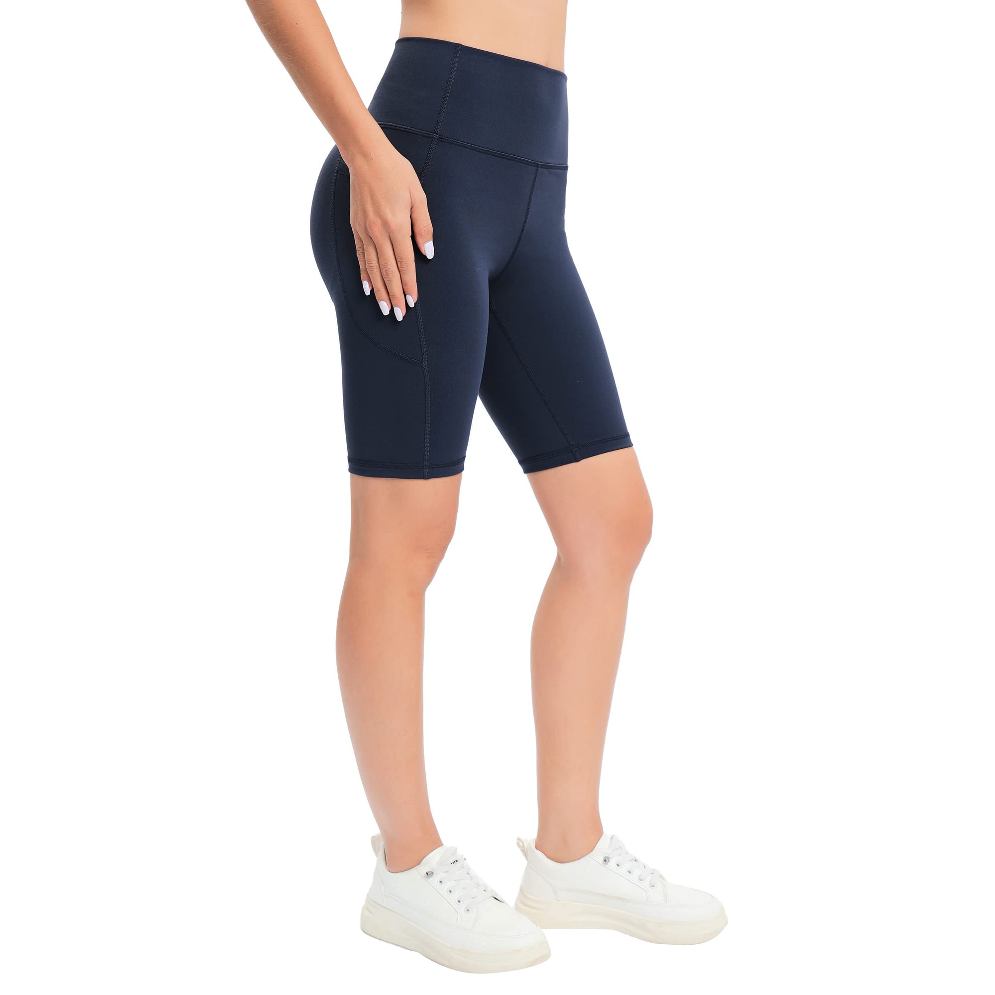 Zelack High Waisted Biker Shorts for Women Workout Tummy Control Shorts with Pockets Yoga Running Shorts,Navy Blue,M