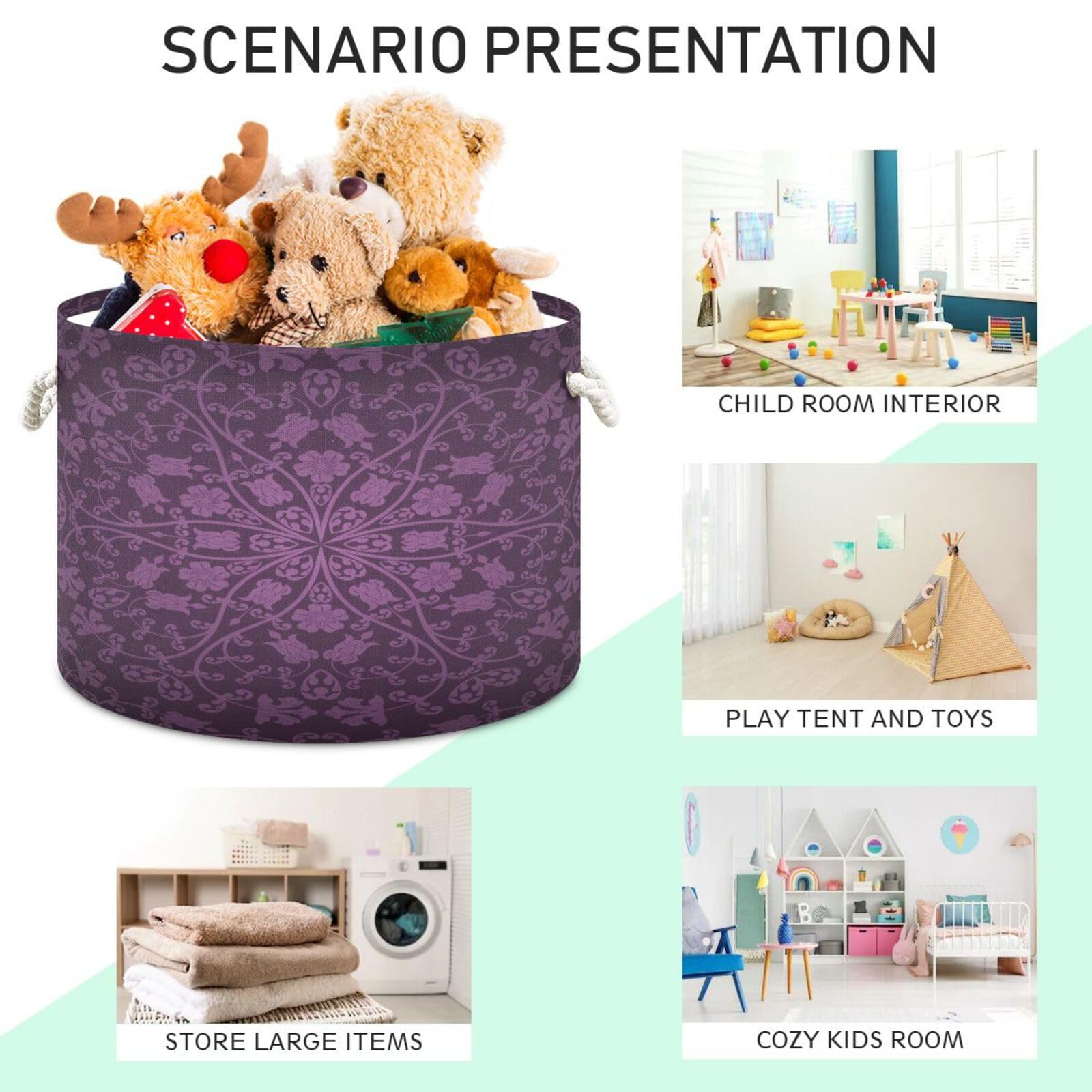 Storage Basket with Cotton Rope Handles Purple Floral Pattern Large Laundry Basket Baby Blanket Basket Toy Clothes Organizer for Living Room, Laundry, Nursery