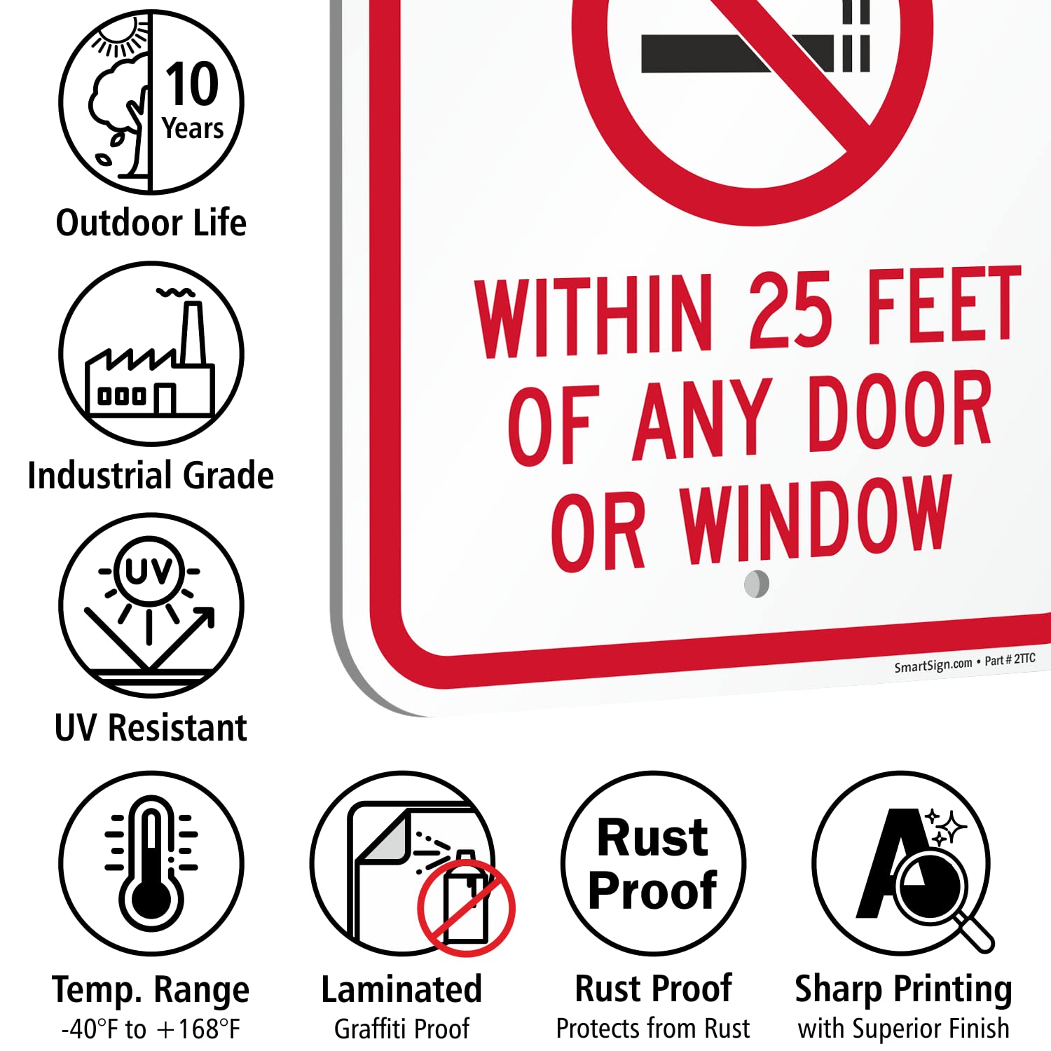 SmartSign 18 x 12 inch “No Smoking - Within 25 Feet of Any Door Or Window” Metal Sign, 63 mil Laminated Rustproof Aluminum, Red, Black and White