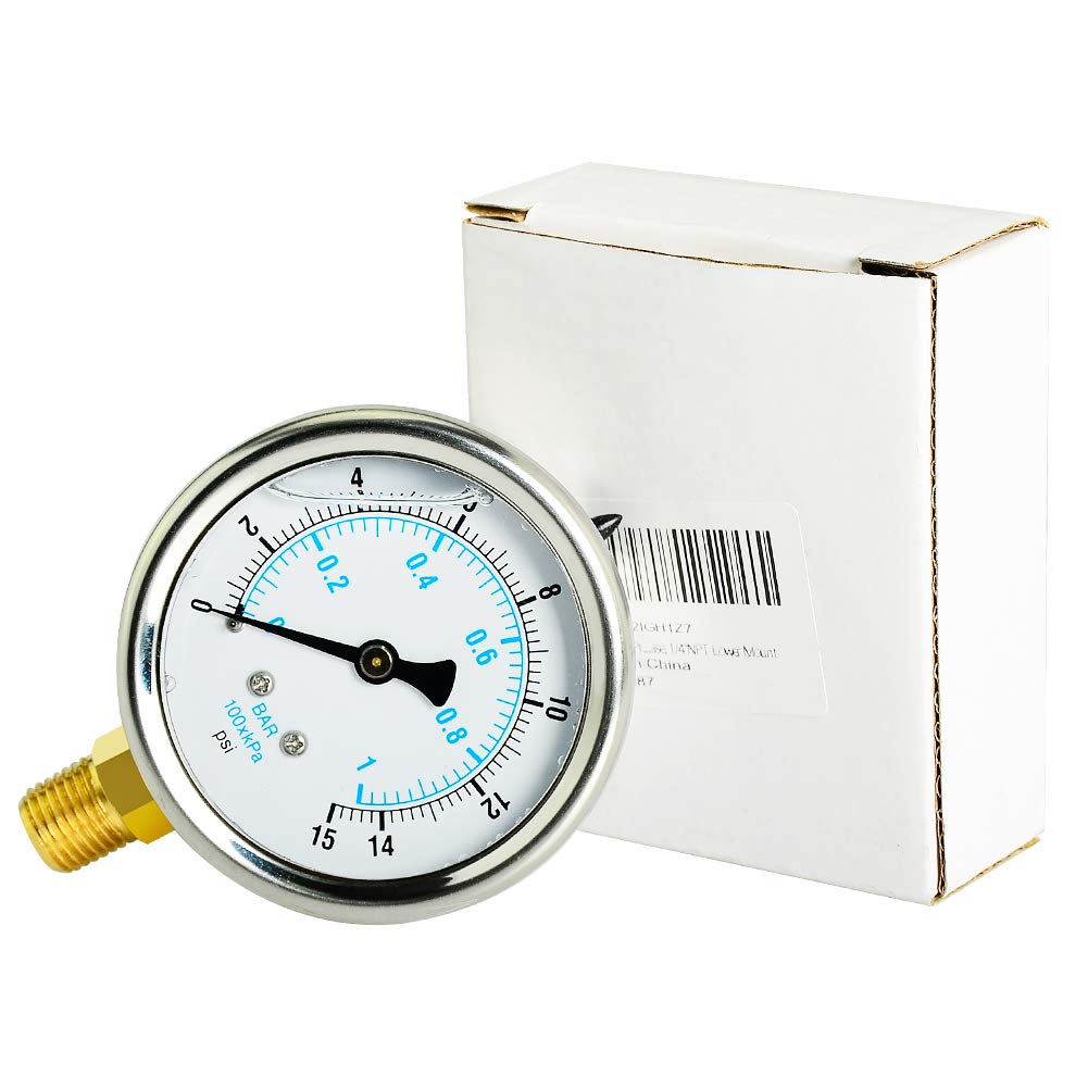 Taisher Liquid Filled Pressure Gauge, 0-15psi/kpa, 304 Stainless Steel Case, 1/4"NPT Lower Mount