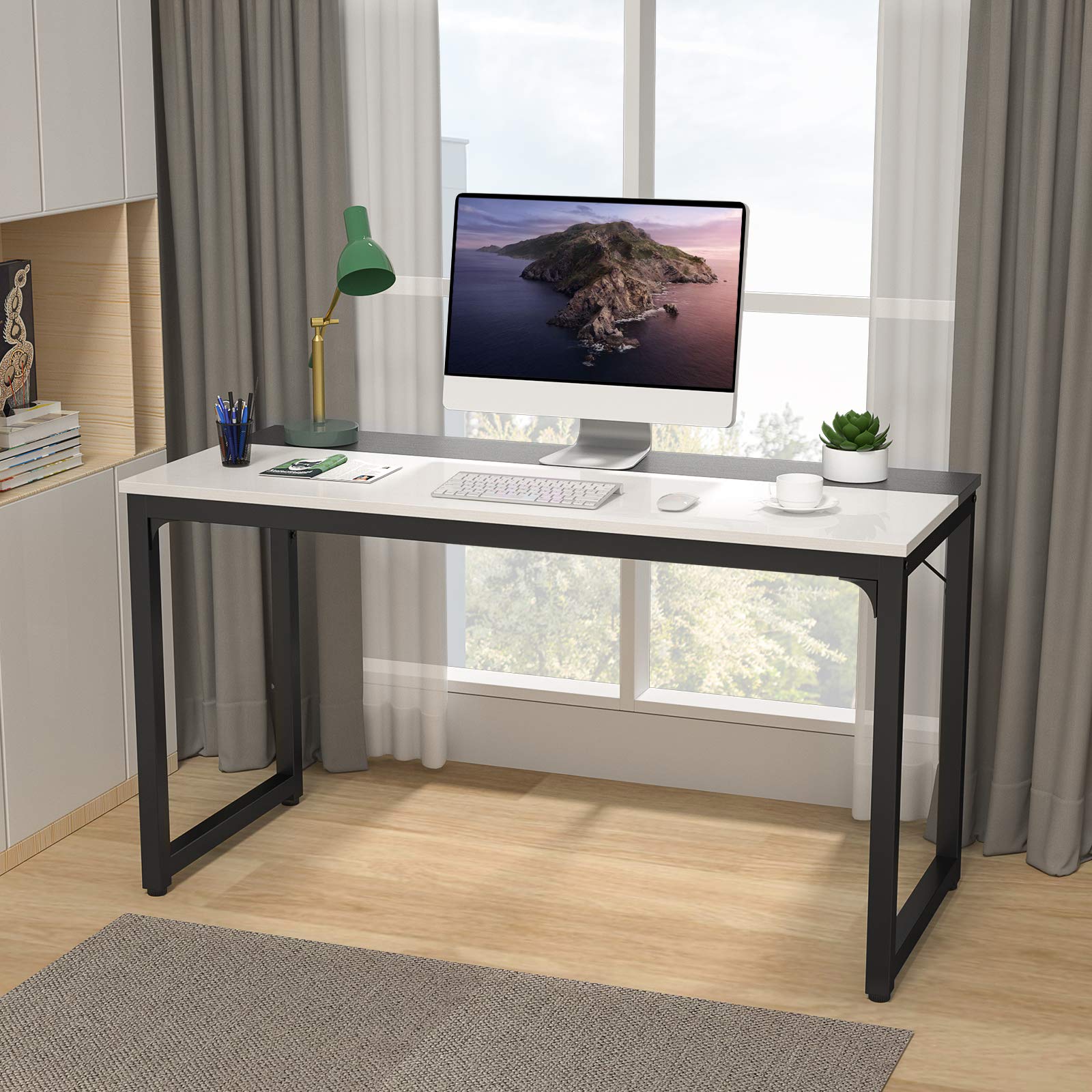 Topfurny Desk Computer Desk 55 Inch Home Office Study Writing Desk Modern Simple Sturdy PC Laptop Desk Table Gaming Desks Wooden Desk Space Saving Easy to Assemble Desk, White and Black