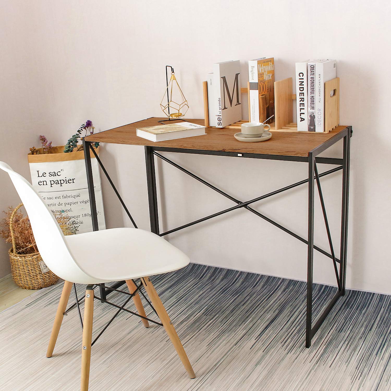 Todeco Folding Computer Desk, Home Office Desks 37" Writing Study Desk Modern Minimalist Industrial Work Table Laptop Desk for Bedroom, Living Room, Brown