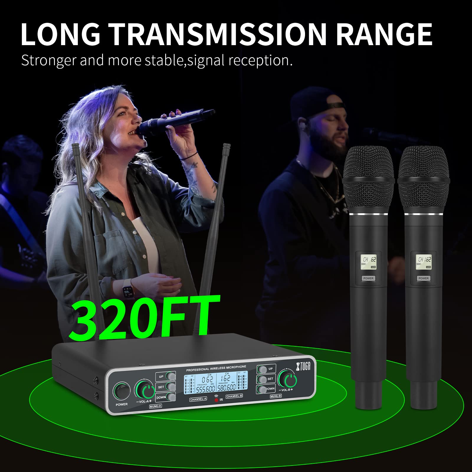 XTUGA 2x100 Channel UHF Wireless Microphone System,Dual Wireless Mics Dynamic Handheld Microphone, Auto Scan, 328ft for Church/Karaoke/Weddings/Events