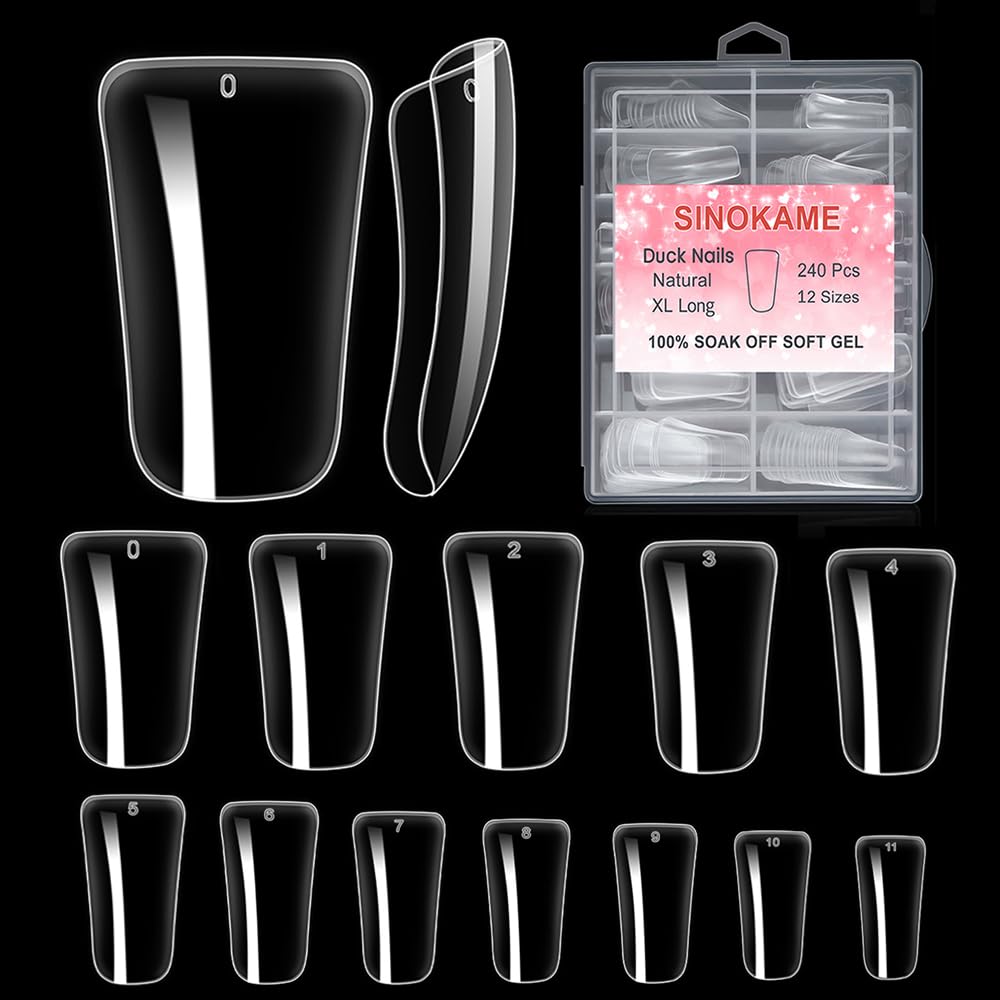 SINOKAME 500 Pcs Duck Nail Tips Half Cover,Clear Duck Fan Flare Nail Tips for Acrylic Nails,Wide French False Nail Tips Y2K Vibe With Random Charms,10 Sizes