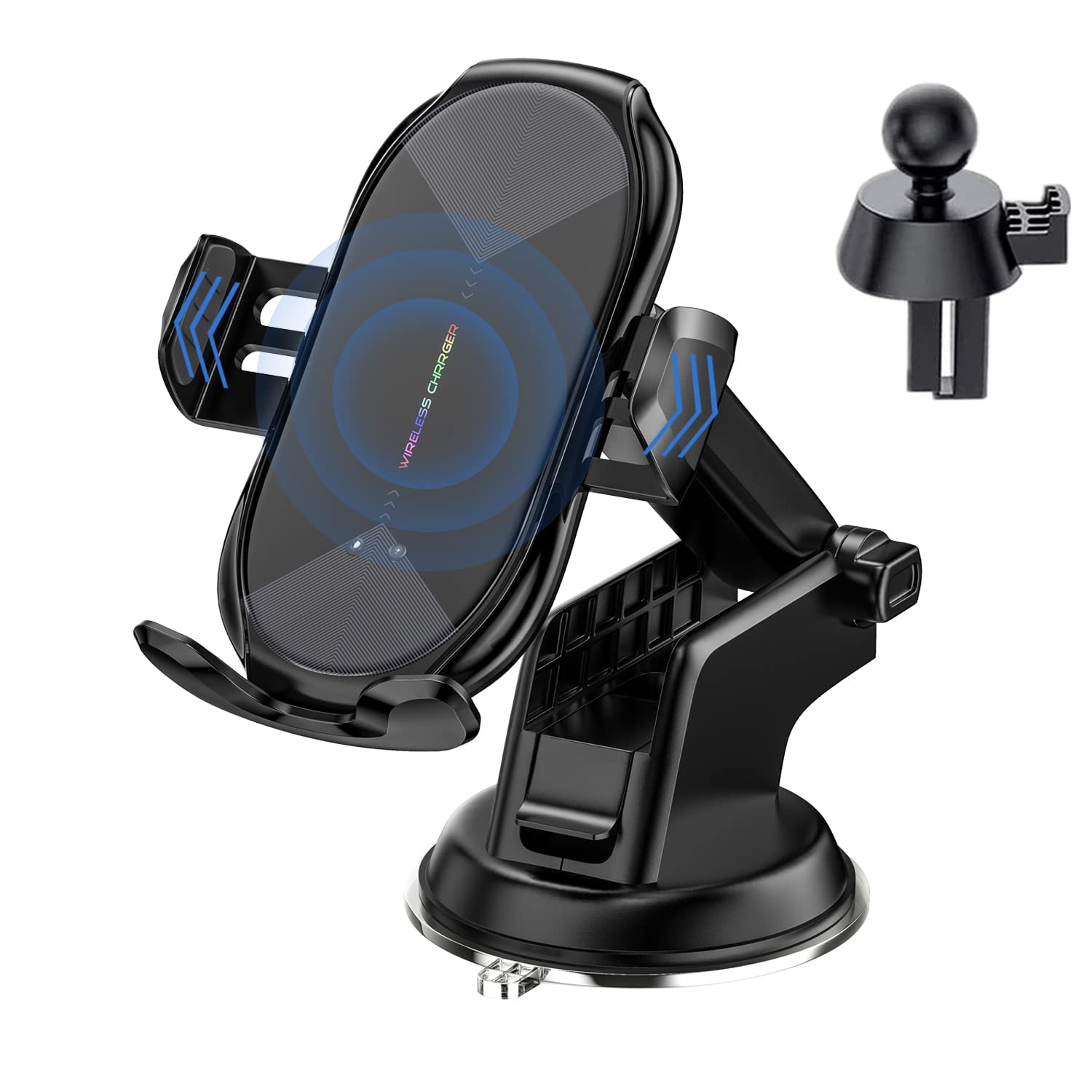 YITUMU Wireless Car Charger,15W Qi Fast Charging Auto-Clamping Car Phone Holder Mount,Air Vent Windshield Dashboard Car Phone Mount,Long Arm Suction Cup Cell Phone Holder for iPhone Samsung LG