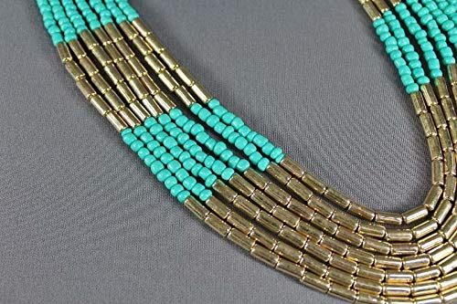 Turquoise Gold 7-Strand Layered Bib Beaded Necklace Statement Piece For Women