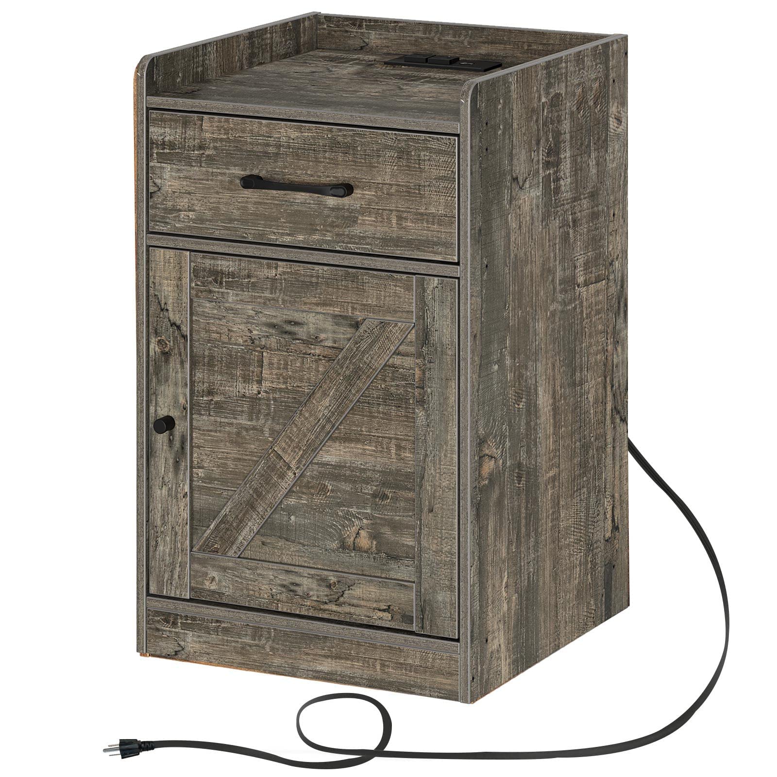 Rolanstar Nightstand with Charging Station, Farmhouse End Side Table with Storage Drawer and Cabinet for Bedroom, Grey
