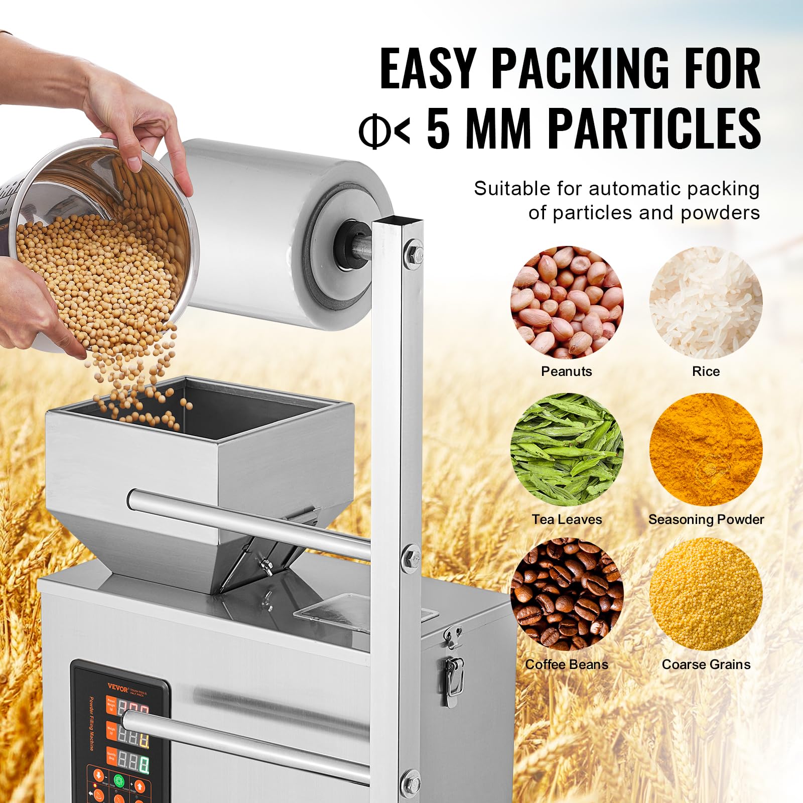 VEVOR Weighing Filling Industries 1-100g, Particle Packaging Machine 10-15 bag/min, Full Automatic Powder Sealing Machine for Filling Tea Seeds Grains Flour Beans Glitter