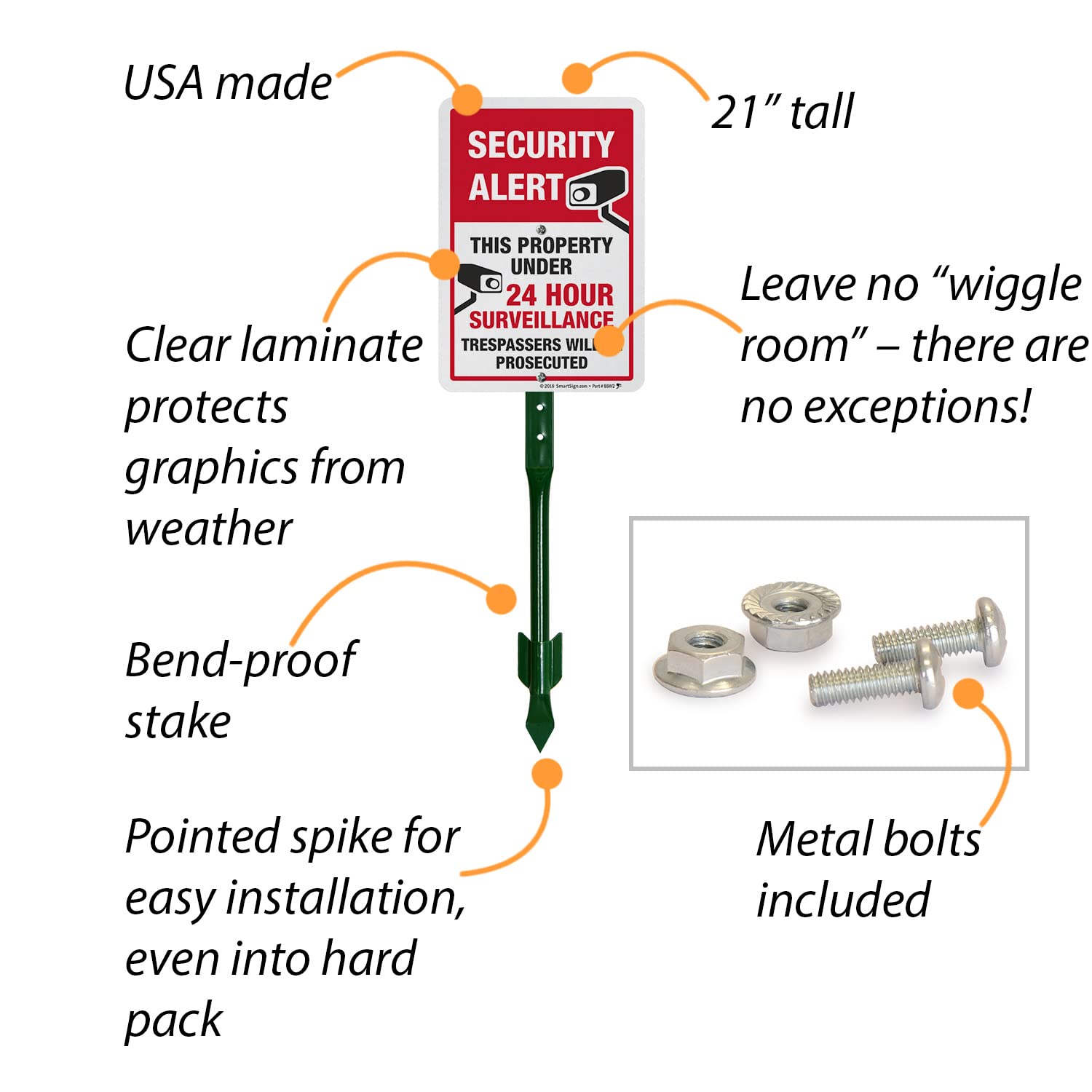 SmartSign Security Alert - This Property Under 24 Hour Surveillance, Trespassers Will Be Prosecuted Sign for Lawn | 21” Tall Stake & Sign Kit