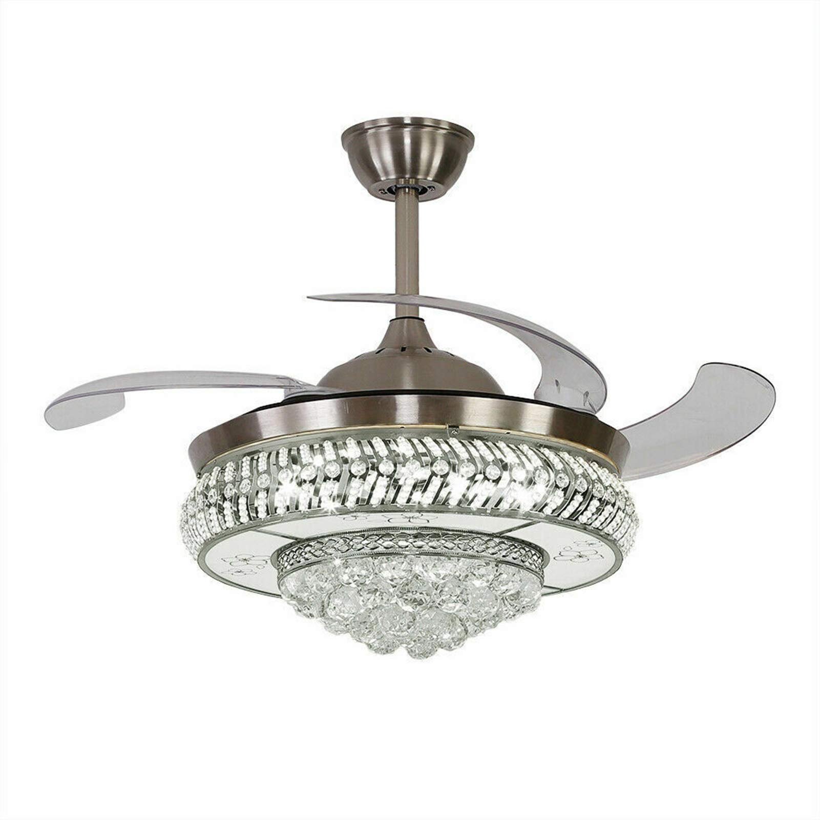 YIYIBYUS Modern Retractable Crystal Ceiling Fan with Light and Remote Control Ceiling Fan Dimmable 3 Speed Timing Smart Ceiling Fan Chrome Silver for Living Room,Bedroom (Silver, 42 inch)