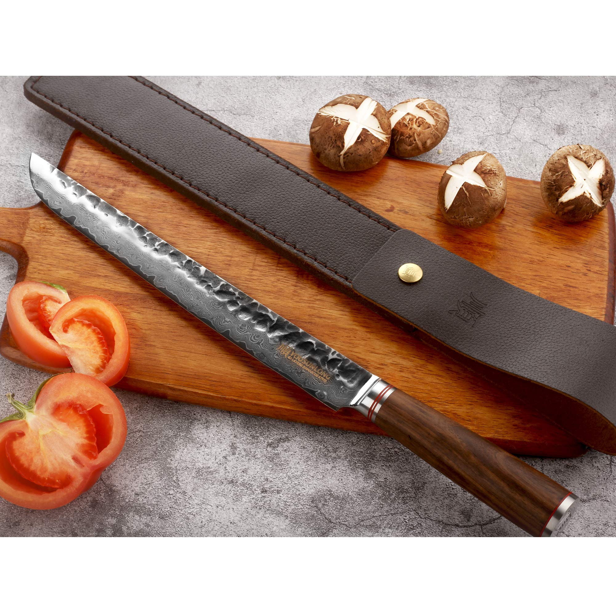 YOUSUNLONG Sakimaru Knife 11 inch Pro Sashimi Sushi Knife Japanese Damascus Steel Ergonomic Design Max Yanagiba Knife Walnt Handle with Leather