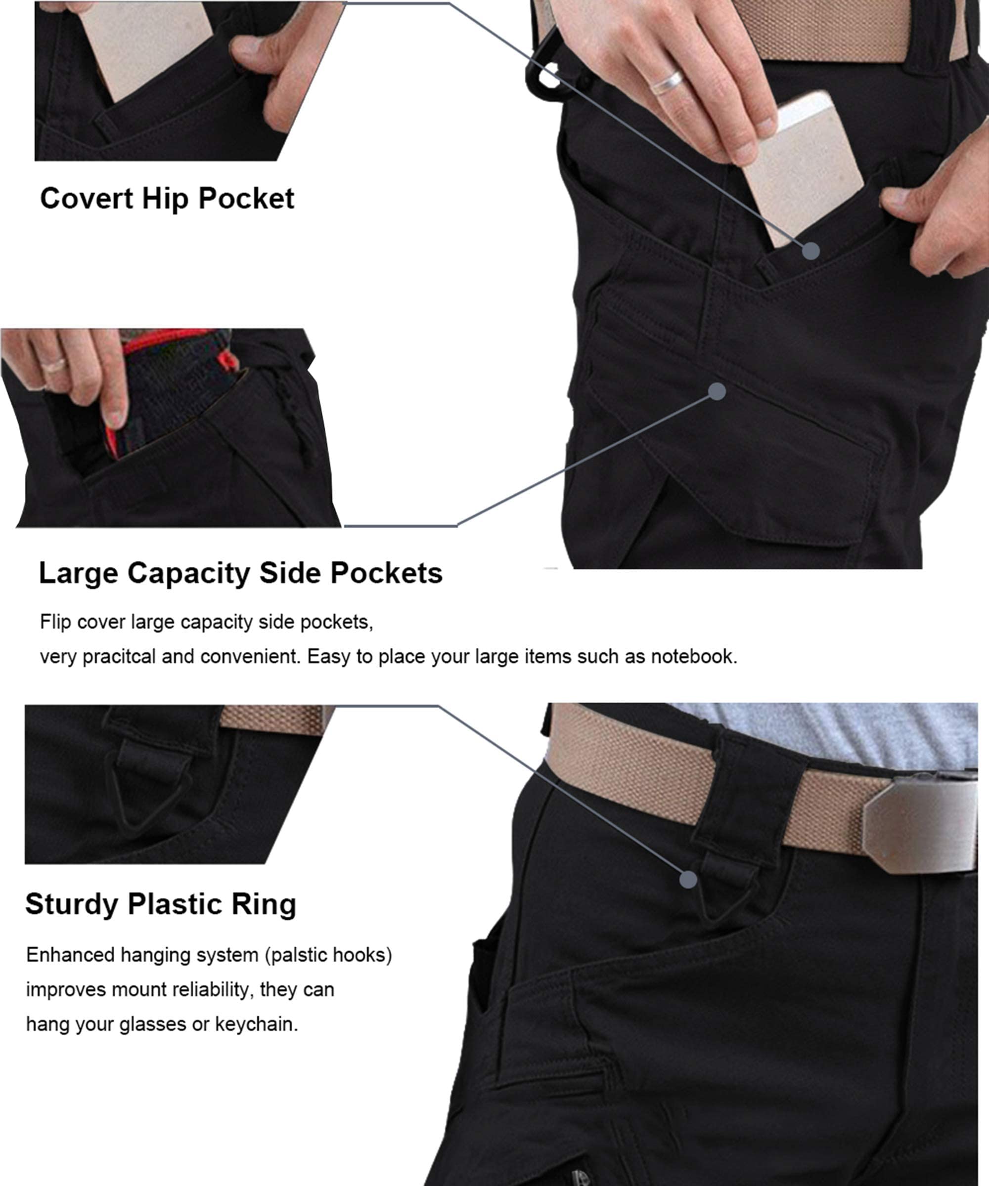 Susclude Men's Tactical Pants Stretch, 9 Pockets Rip Stop Lightweight Cargo Work Military Trousers Outdoor Hiking Pants Black 32Wx32L